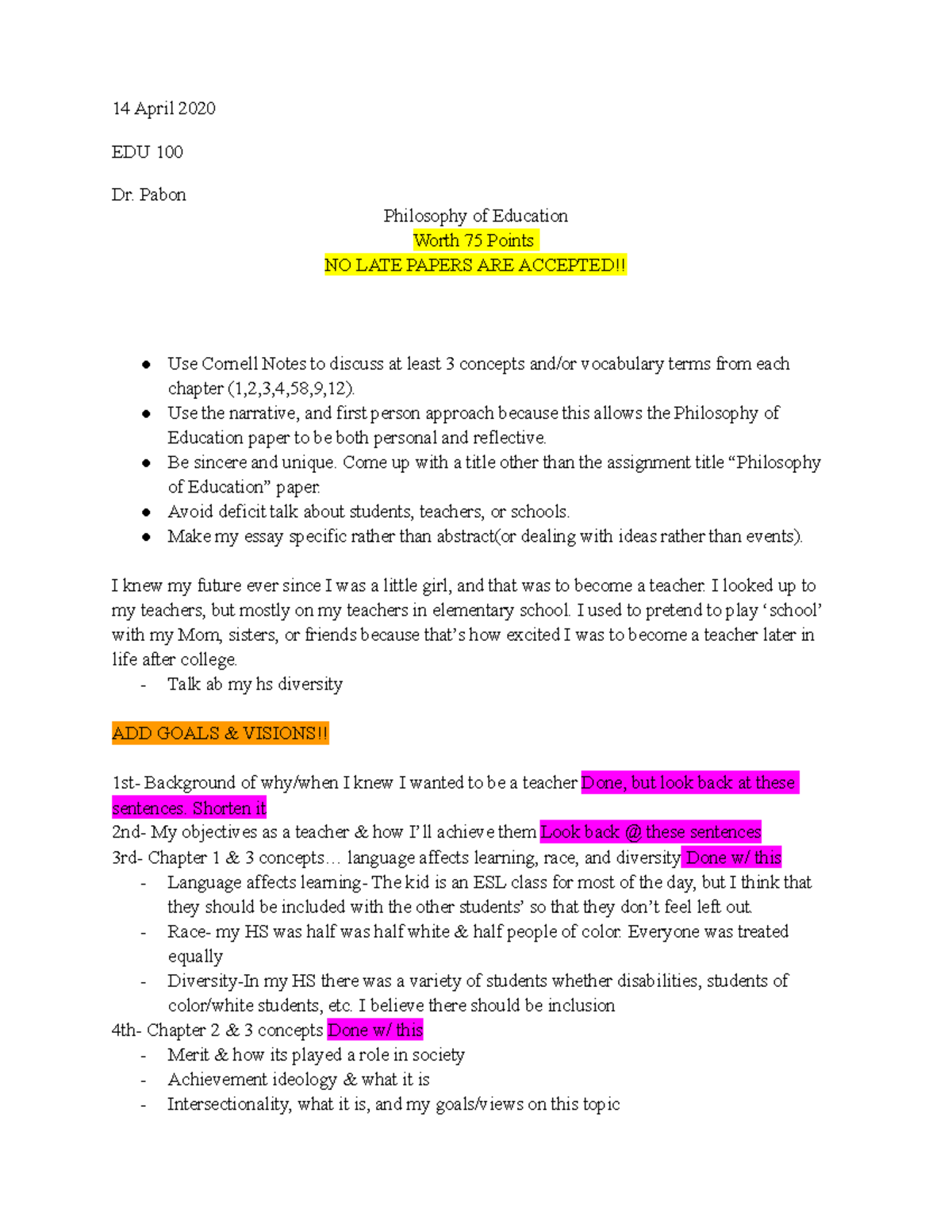 Philosophy of Education Paper- Example - 14 April 2020 EDU 100 Dr ...