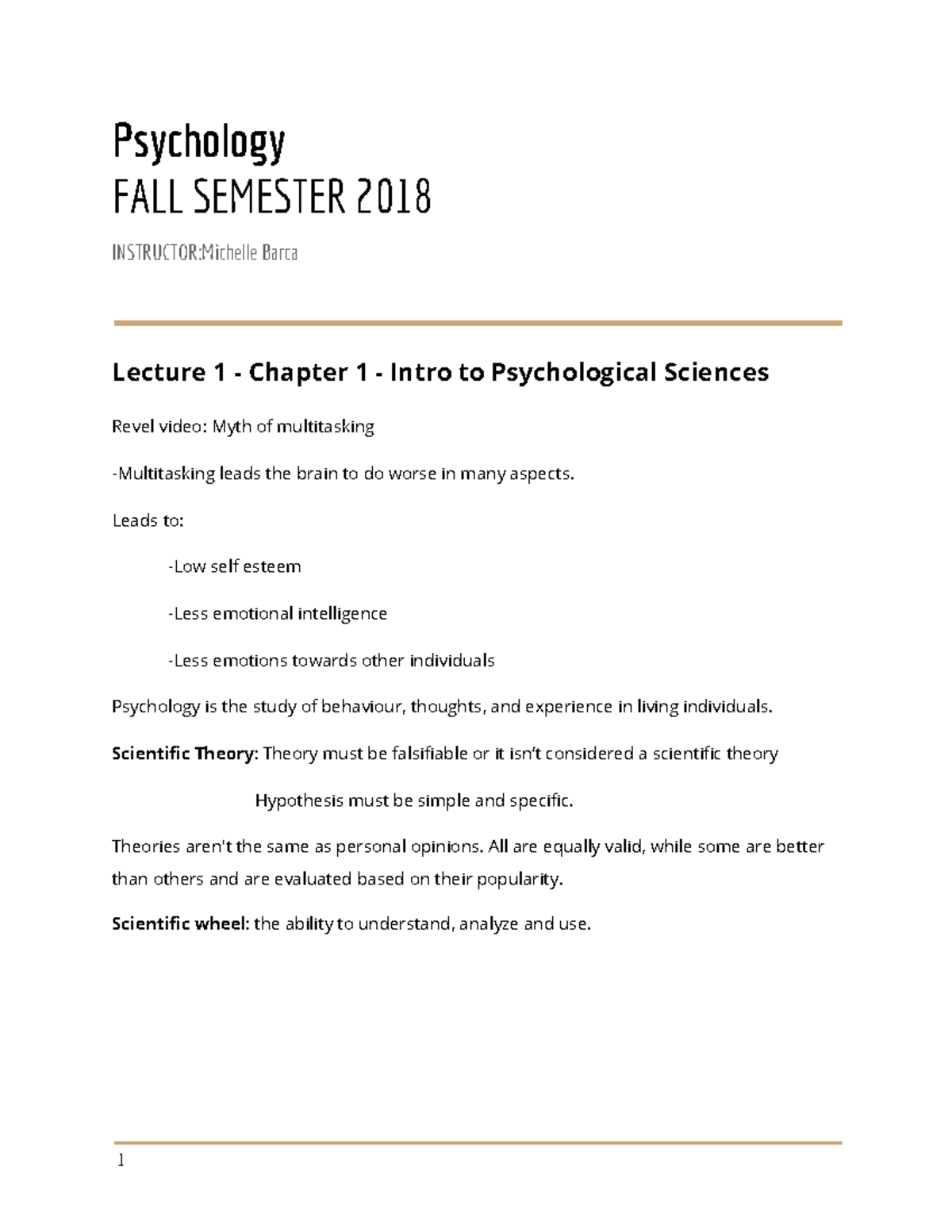 Class notes - Psychology - Psychology FALL SEMESTER 2018 INSTRUCTOR ...