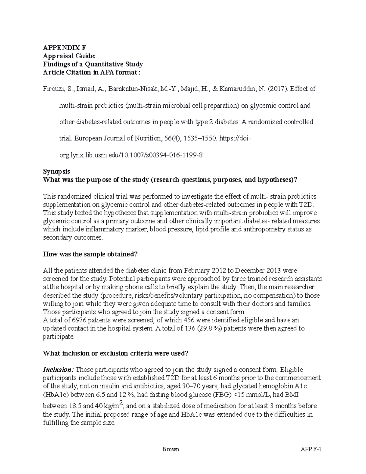 NSG809Evaluation Quantitative Research - APPENDIX F Appraisal Guide ...