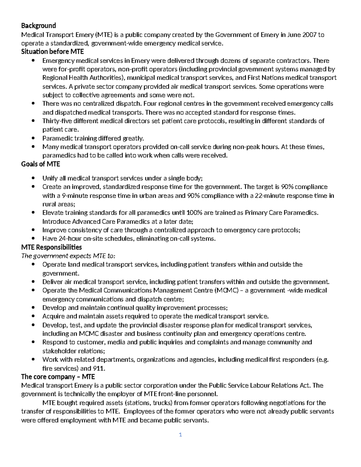 Emery Town Case Study Organizational Effectivess 1 - Background Medical ...