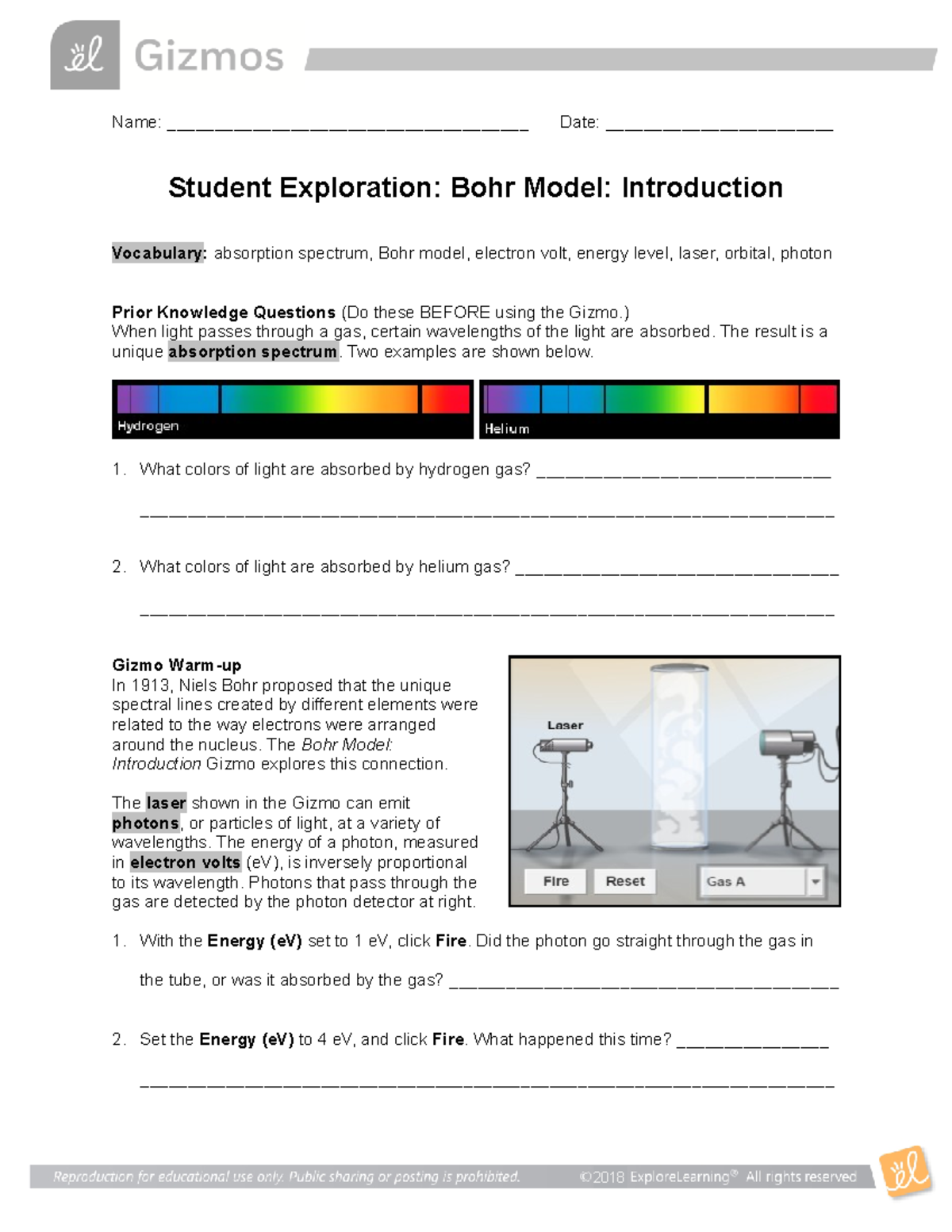 Bohr Model Intro SE - Its a Gizmo - Name ...