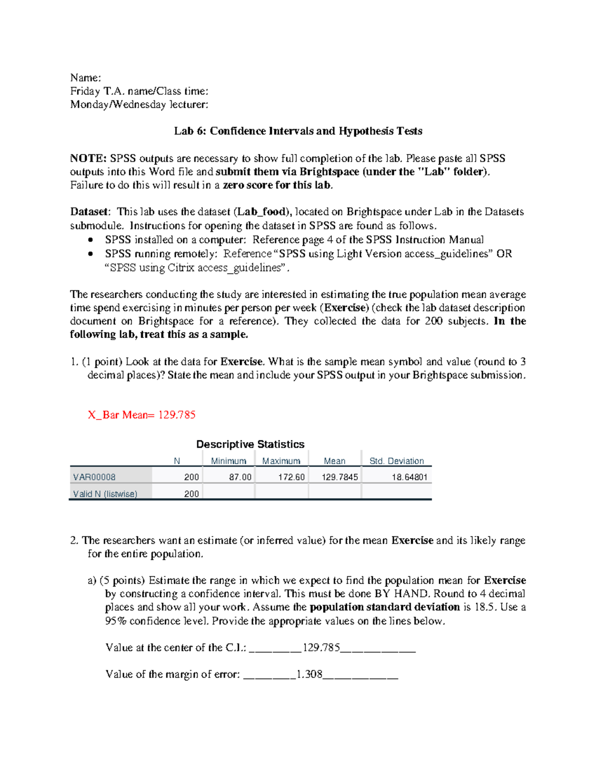 Lab 6-Confidence Intervals and Hypothesis Tests Final - Name: Friday T ...
