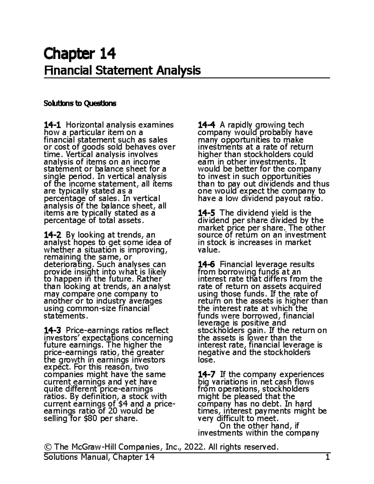 9e BGN CH14 SM - asd - Chapter 14 Financial Statement Analysis ...