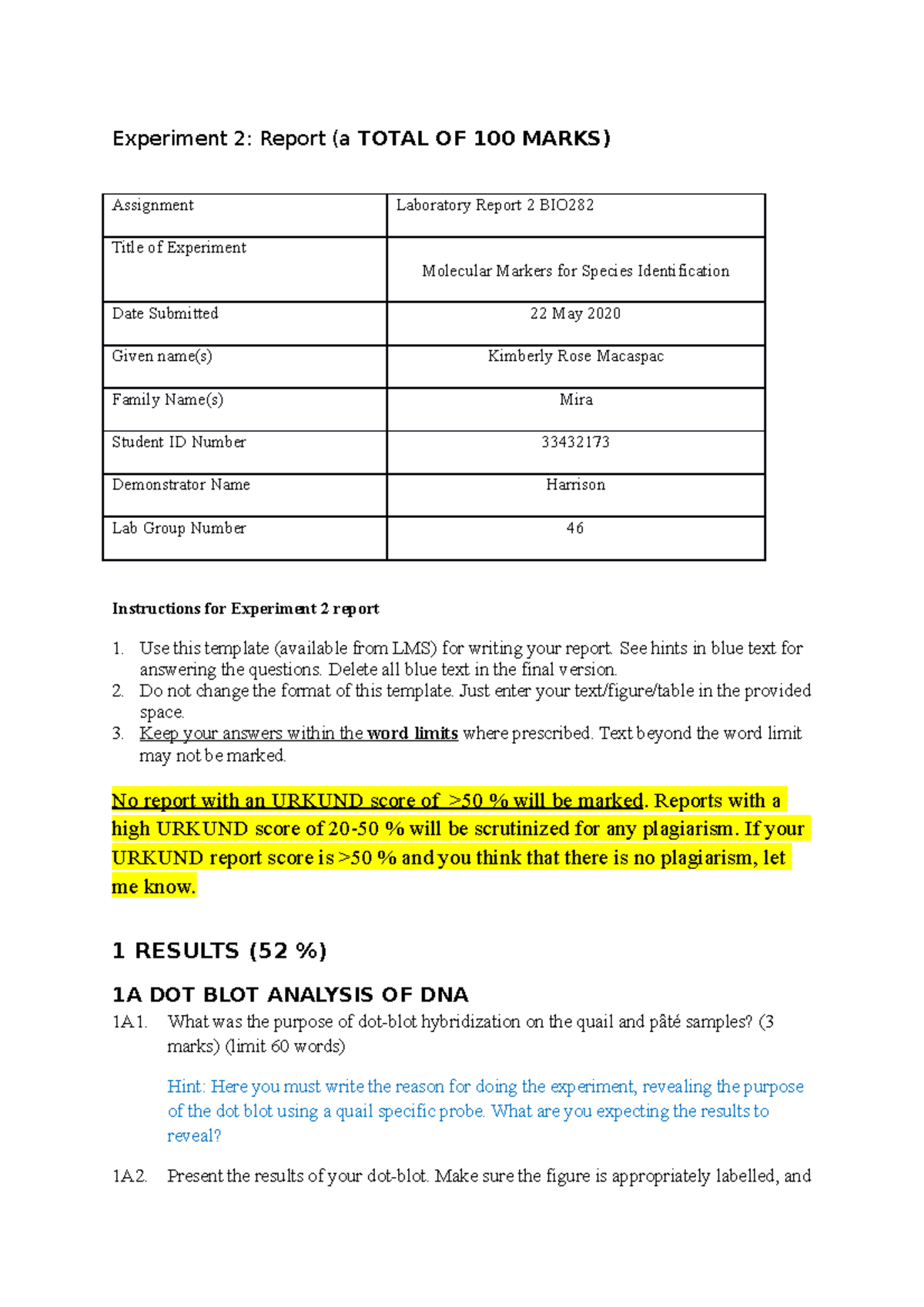 Experiment 2 Lab Report Template - Experiment 2: Report (a TOTAL OF 100 ...