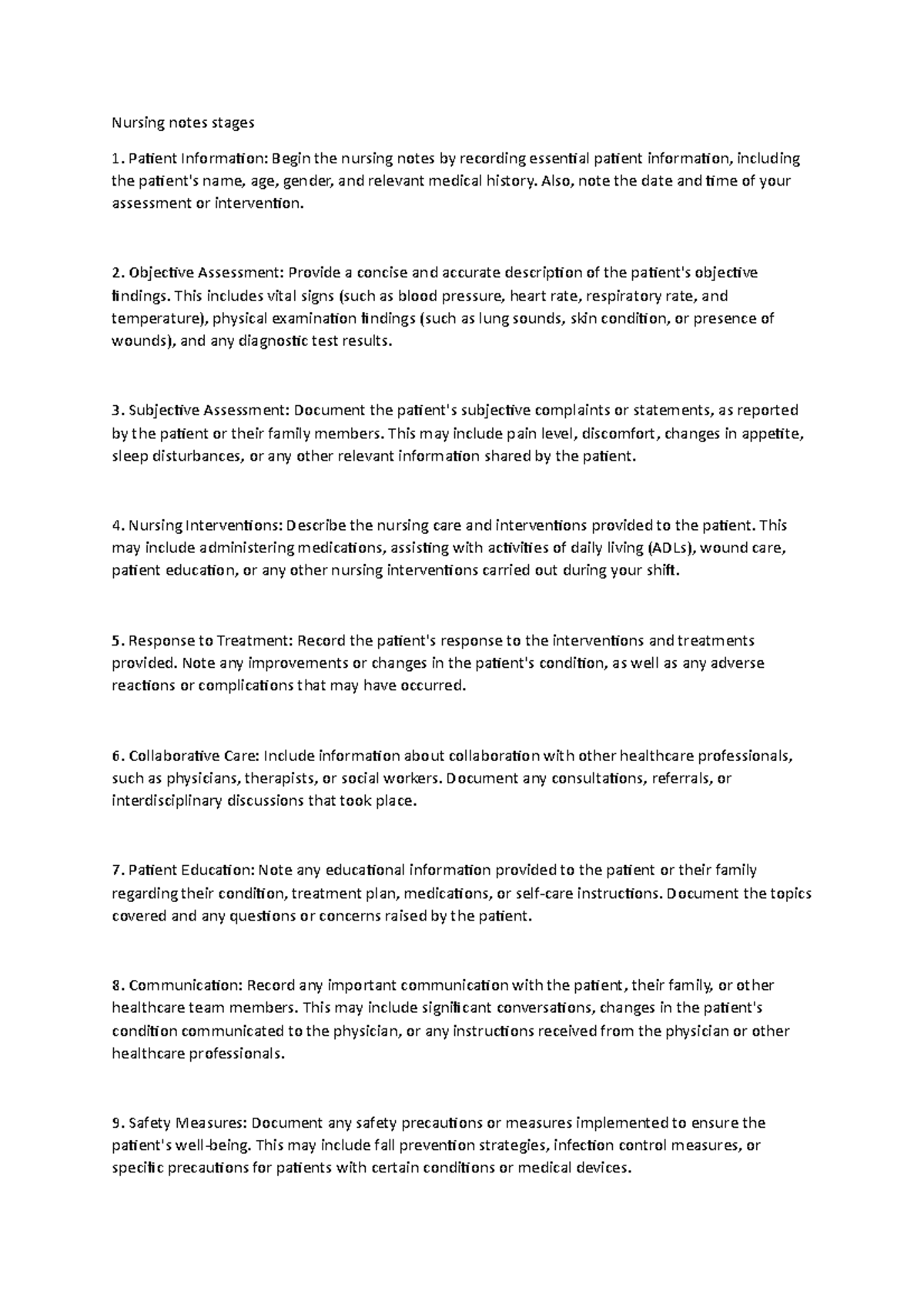 Patient assesment - Nursing notes stages Patient Information: Begin the ...