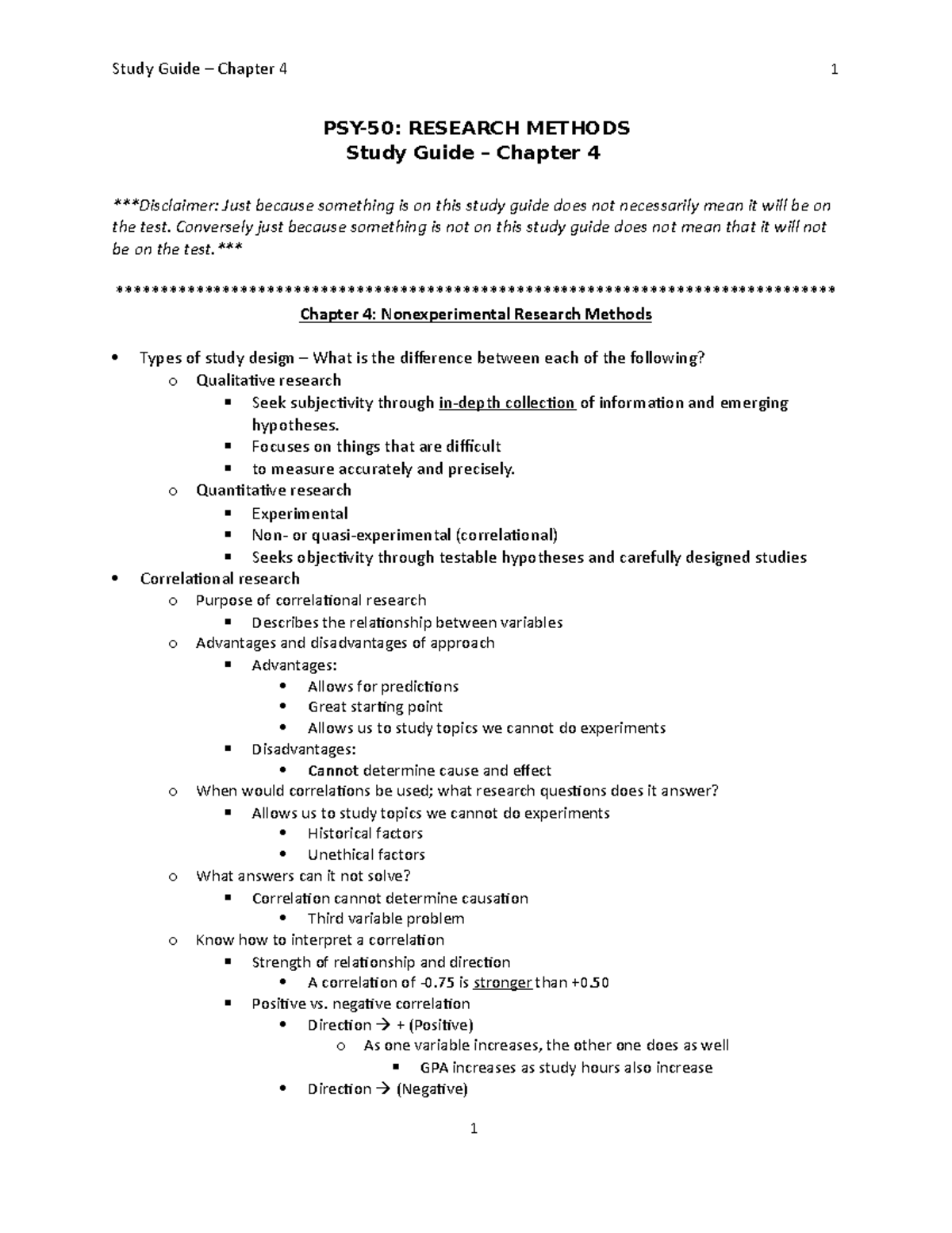 PSY 50 - Chapter 4 Study Guide - Study Guide – Chapter 4 1 PSY-50: RESEARCH METHODS Study Guide ...