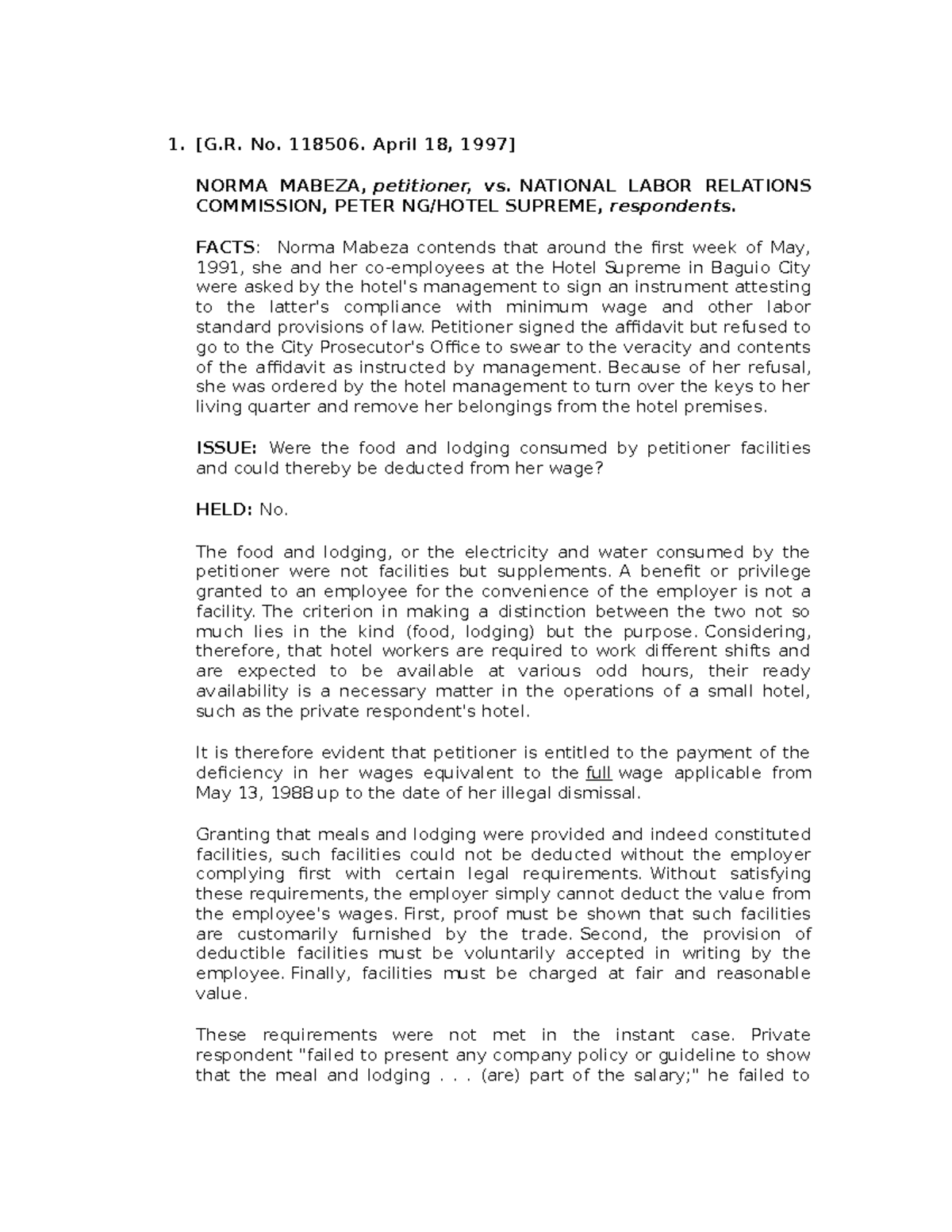 Digest- Mabeza vs NLRC GR118506 - [G. No. 118506. April 18, 1997] NORMA ...