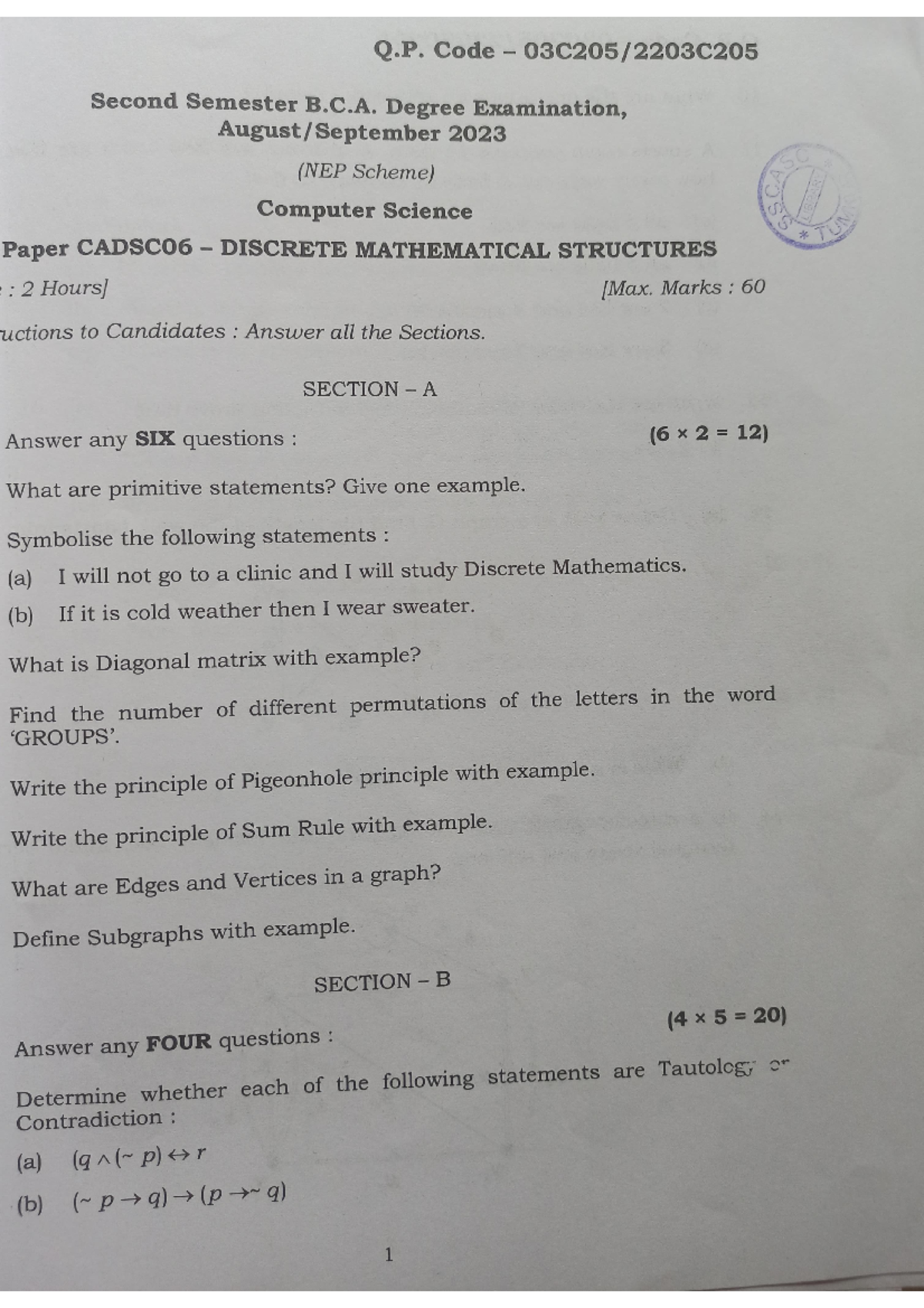 Mathematics - Bca qn paper - Q. Code Second Semester B.C. Degree ...