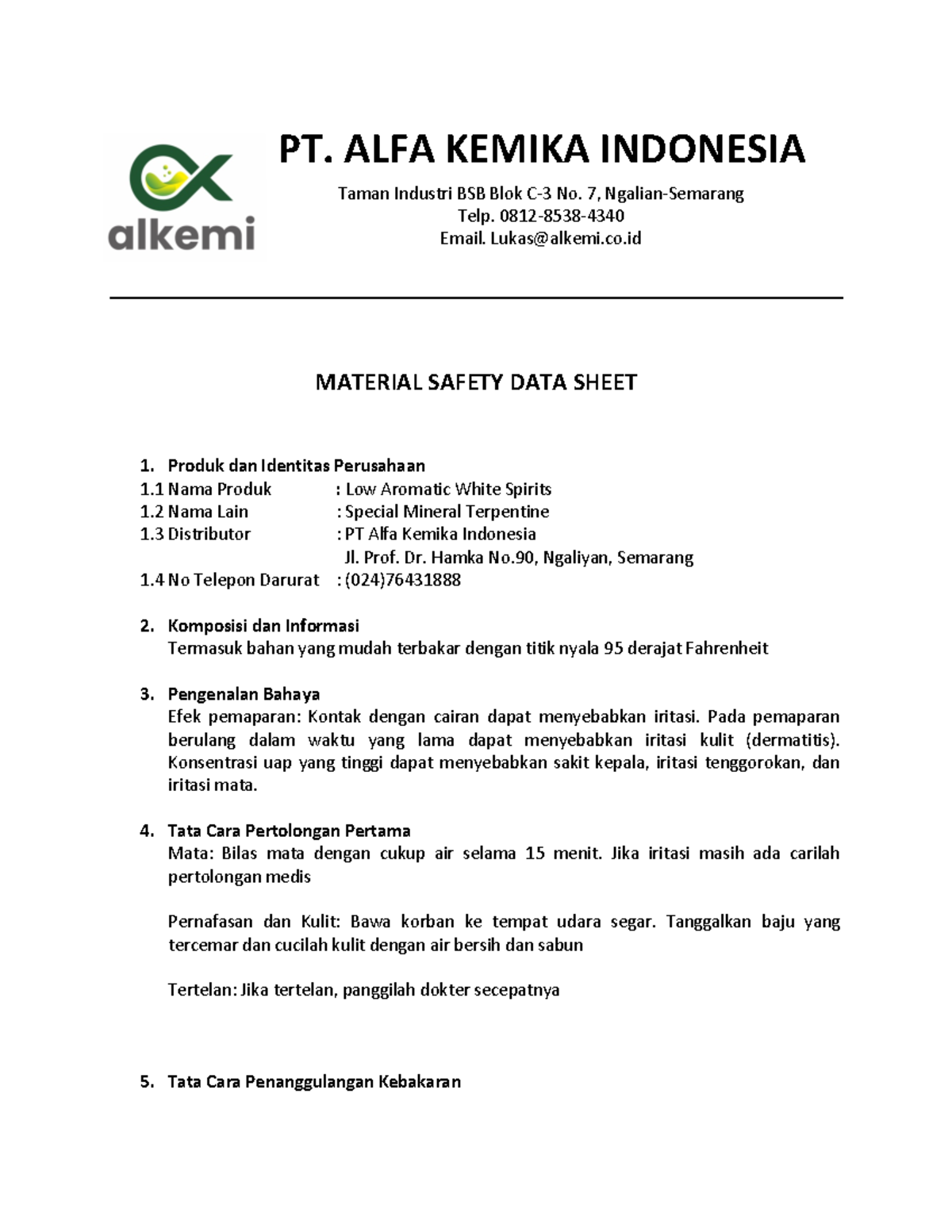 MSDS Produk White Spirit PT Alkemi Semarang - MATERIAL SAFETY DATA ...