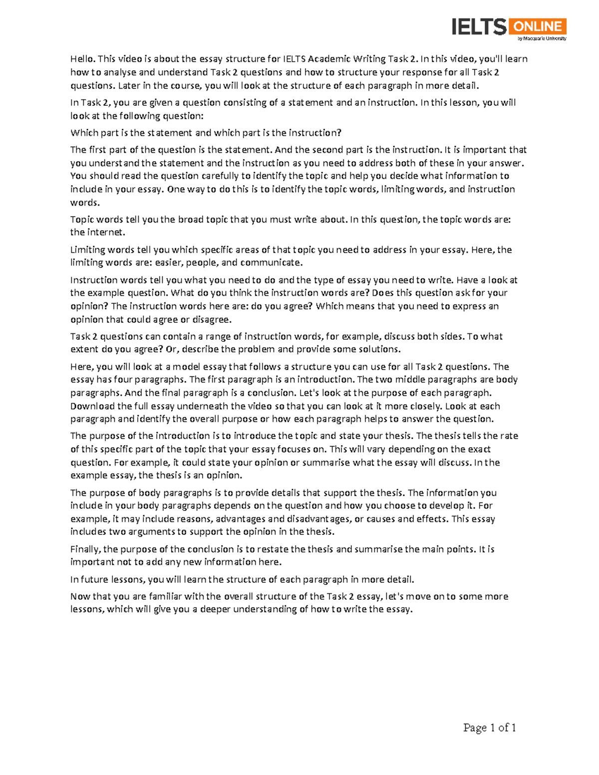 W.4 - Tài liệu TA - Page 1 of 1 Hello. This video is about the essay ...