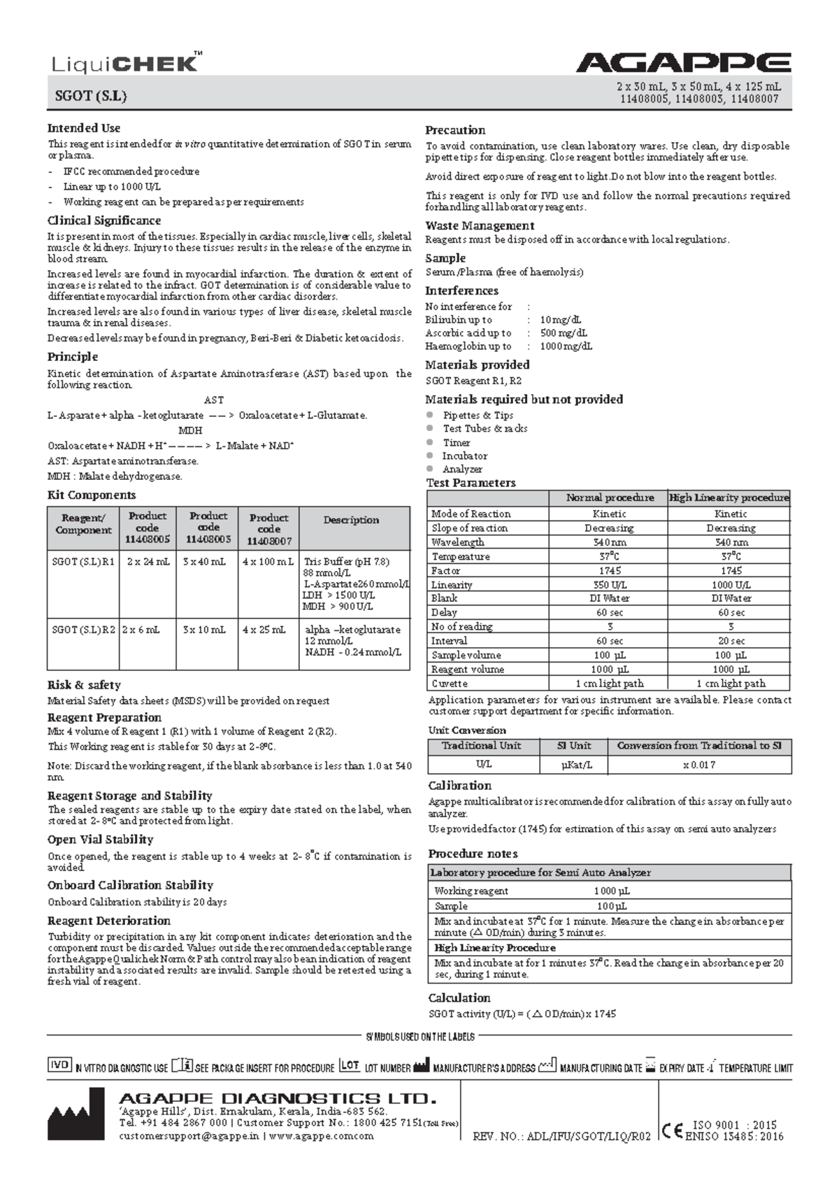 SGOT - frtgyh - SGOT (S) IN VITRO DIAGNOSTIC USE SEE PACKAGE INSERT FOR PROCEDURE LOT NUMBER ...