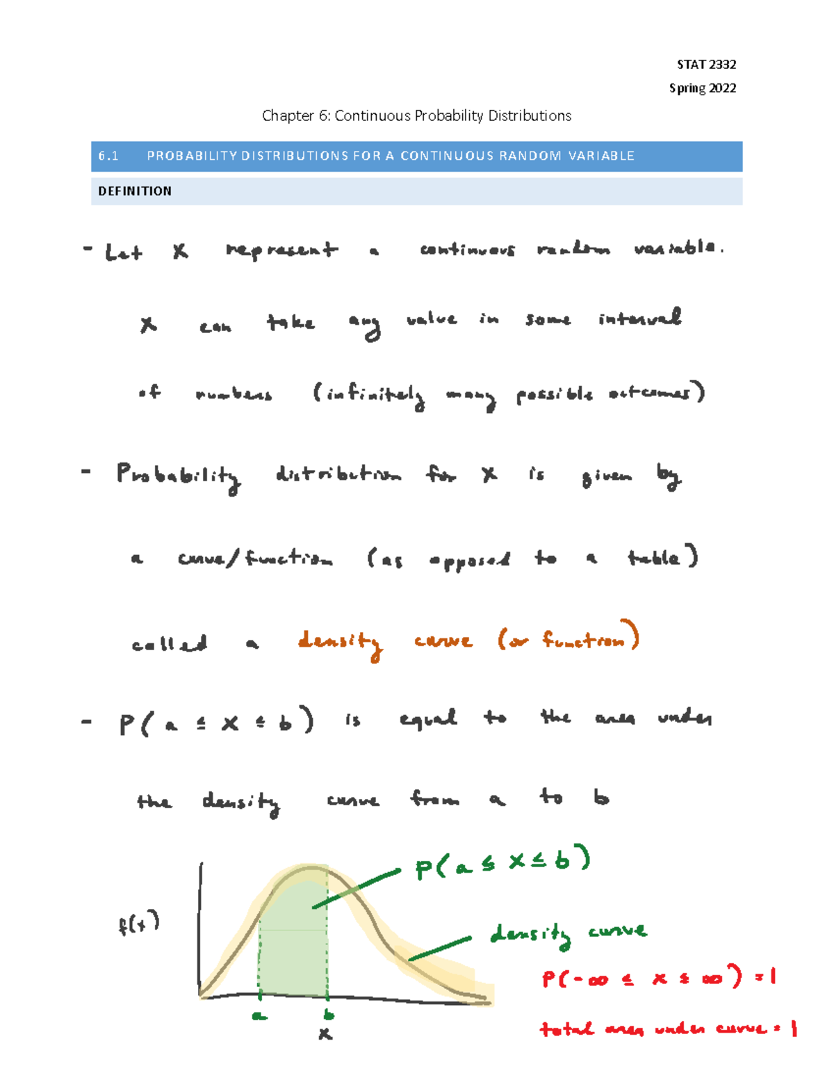 Chapter 6 (1 of 2) - Spring 2022 Chapter 6: Continuous Probability ...