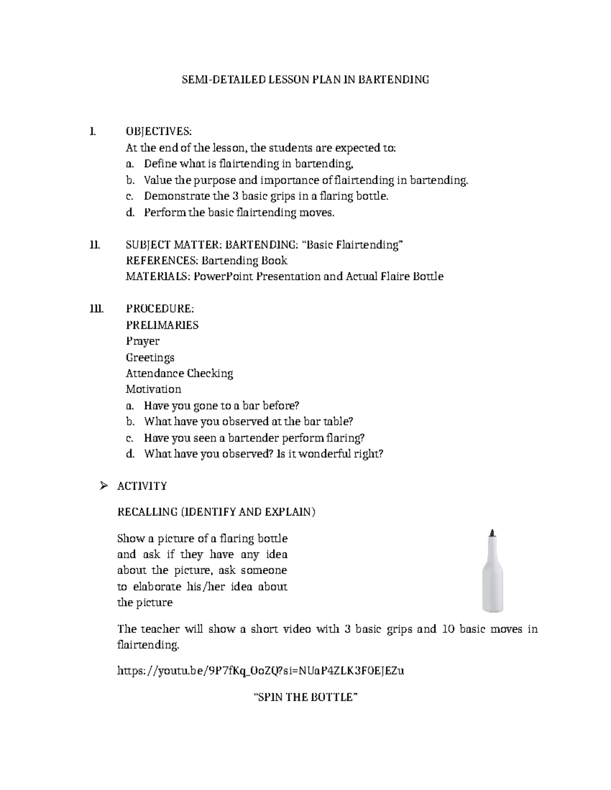 Lesson PLAN DEMO ( Basic Flairtending) - SEMI-DETAILED LESSON PLAN IN ...
