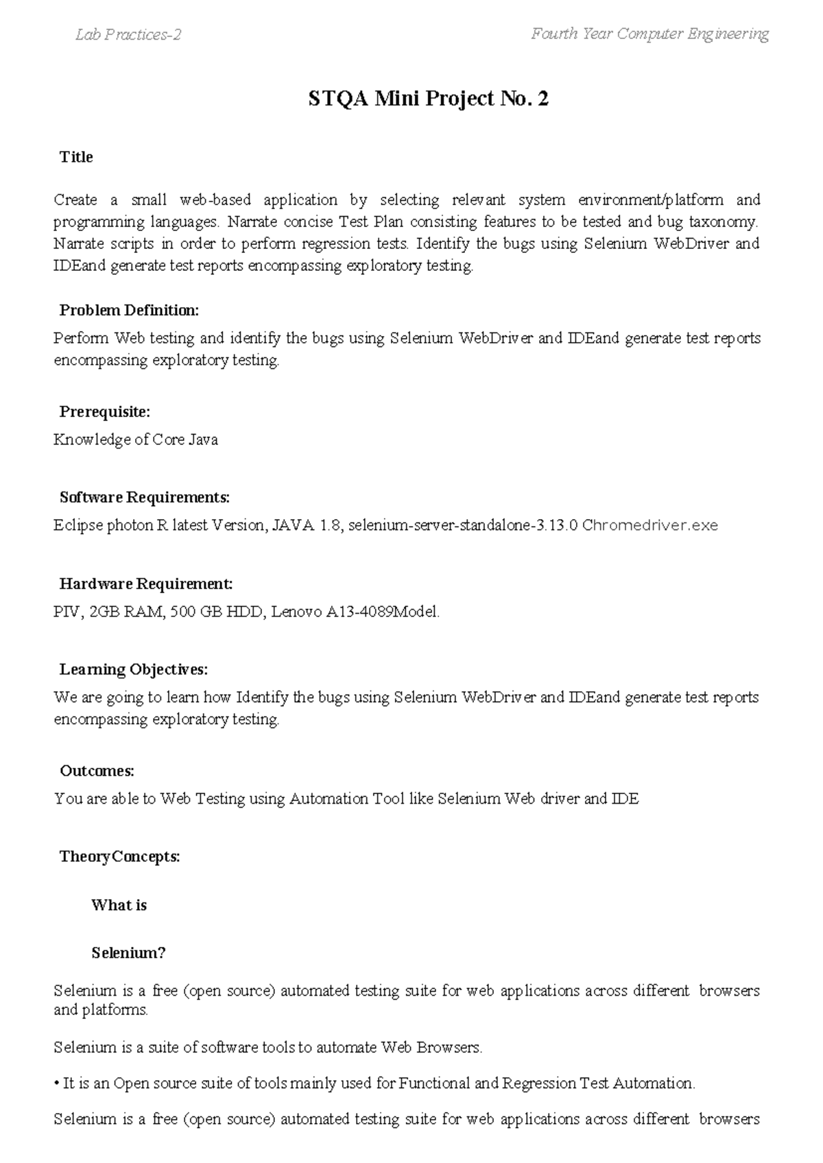 Lab Assignment Mini Project 2 - STQA Mini Project No. 2 Title Create a small web-based ...