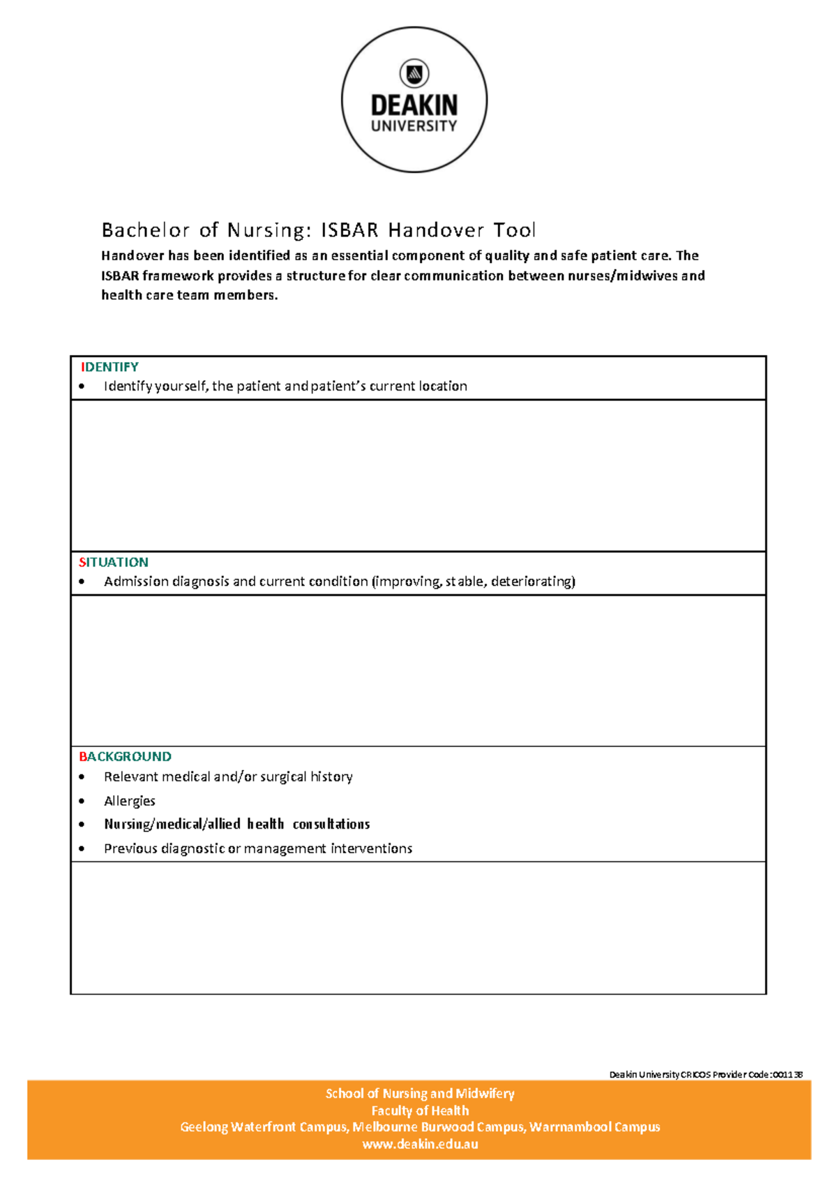 Isbar Handover Tool 2022 - Deakin University CRICOS Provider Code ...