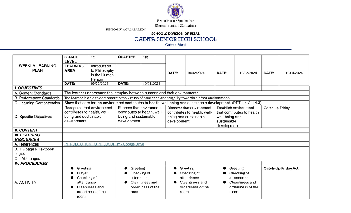 WLP Weekly Learning-Plan-Template W10 - Republic of the Philippines ...
