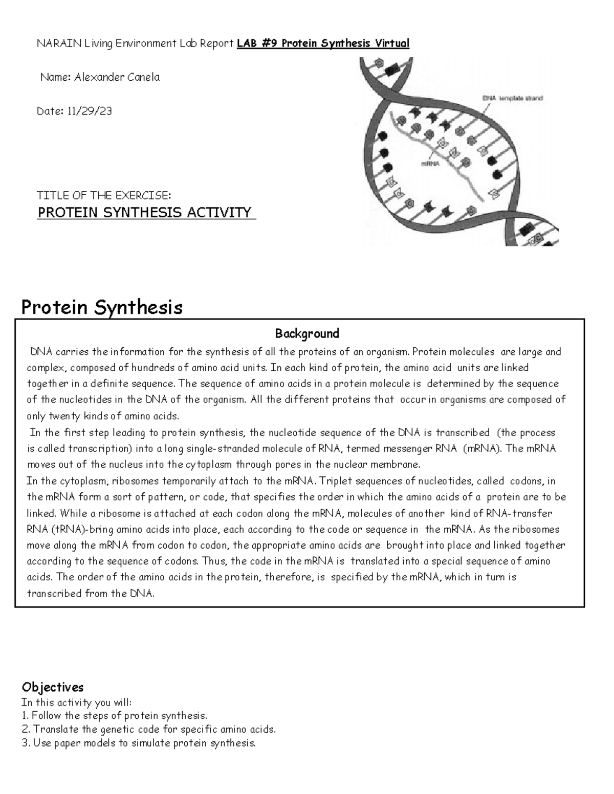Alexander Canela - Protein Synthesis Lab - NARAIN Living Environment ...
