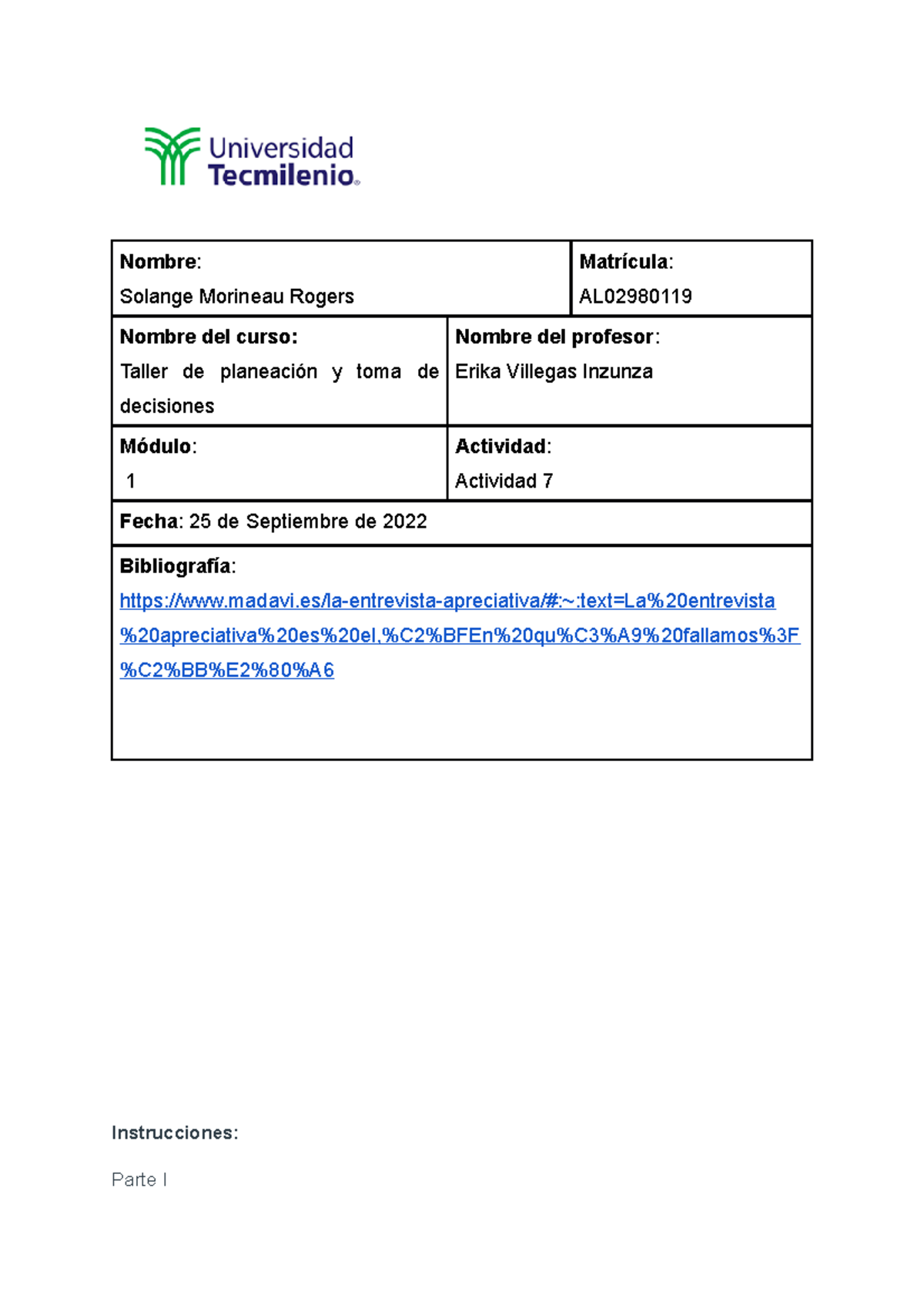 Act 7 taller de planecion y toma de dec - Nombre : Solange Morineau ...