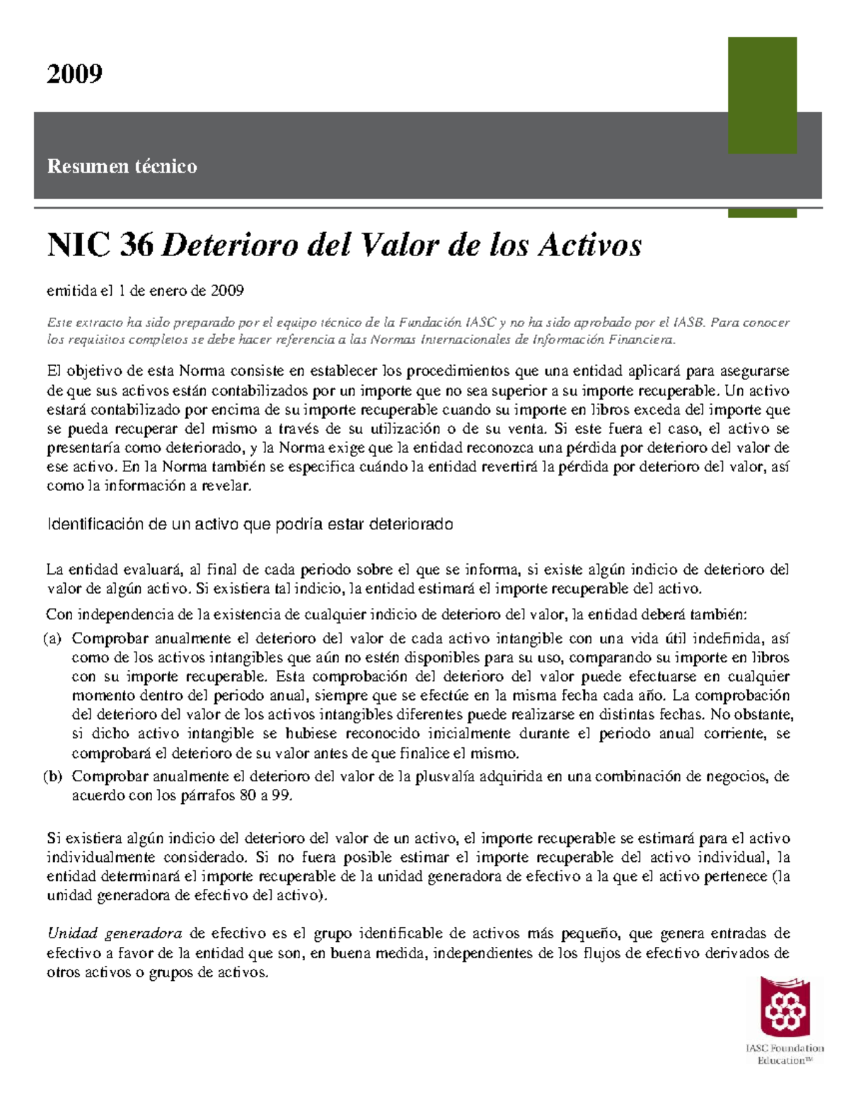 Resumen Tecnico NIC 36 - 2009 Resumen técnico NIC 36 Deterioro del ...