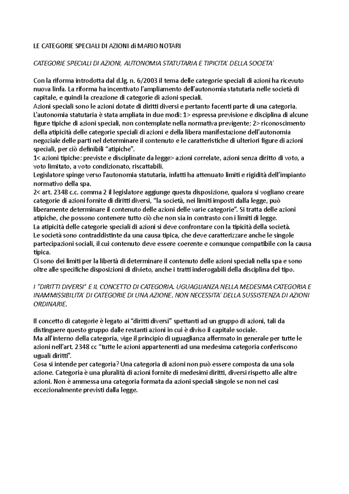 2 LE Categorie Speciali DI Azioni di Mario Notari - LE CATEGORIE ...