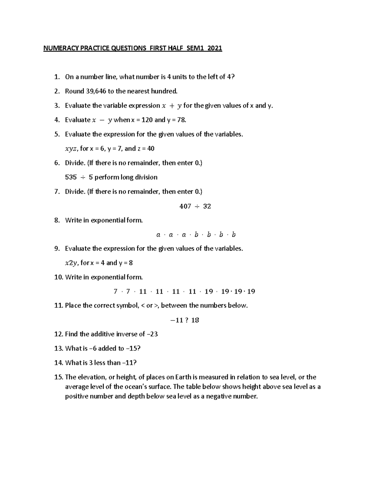 Numeracy Practice Questions First HALF SEM1 2021 (1) - NUMERACY ...