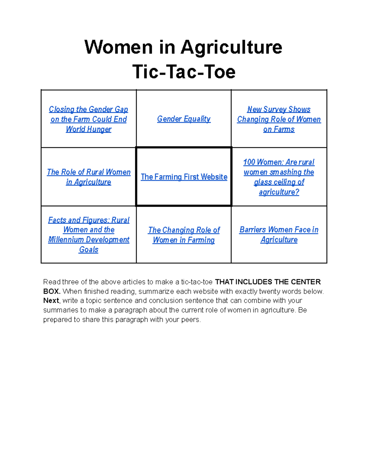 Women in Agriculture Tic Tac Toe - Women in Agriculture Tic-Tac-Toe ...