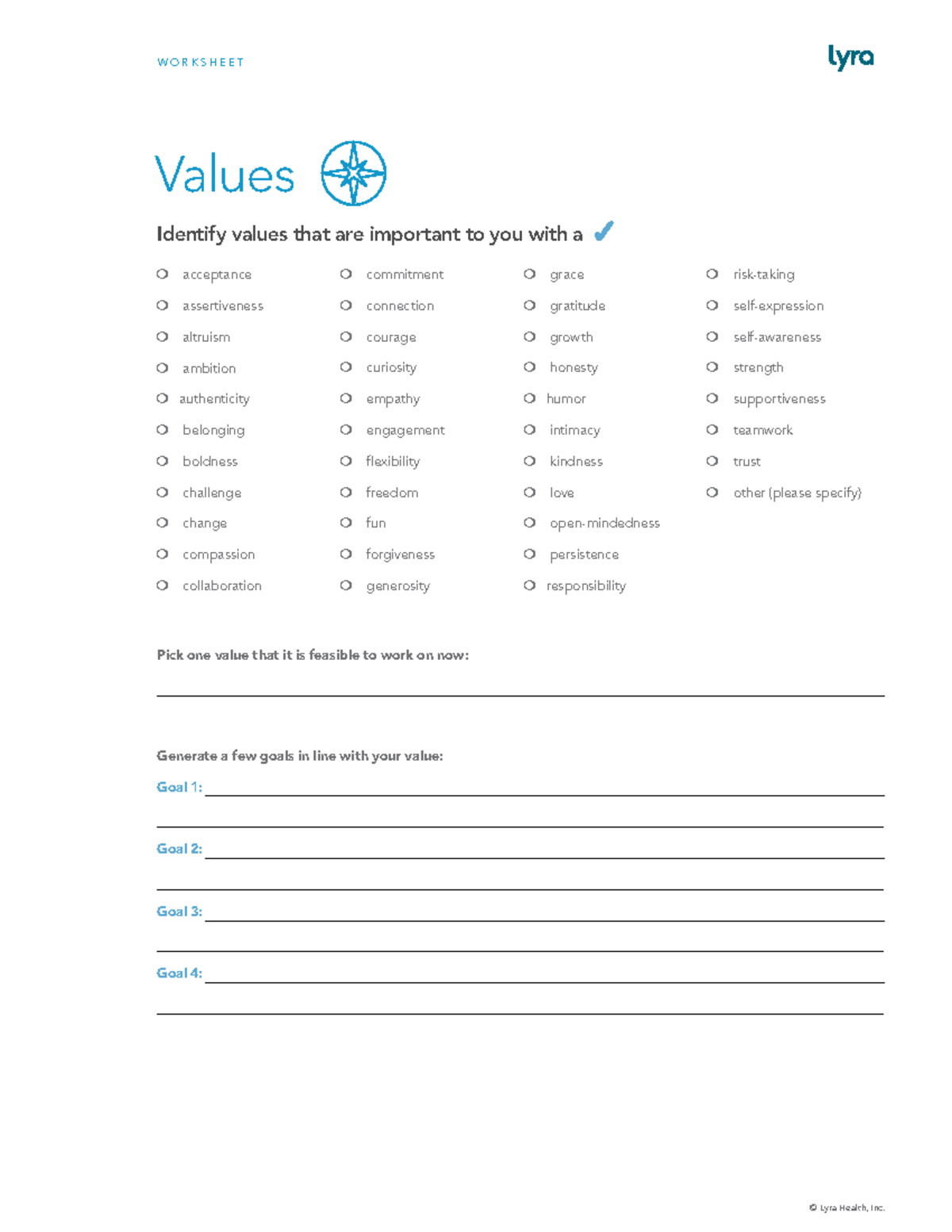 Values Worksheet - W O R K S H E E T © Lyra Health, Inc. Identify ...