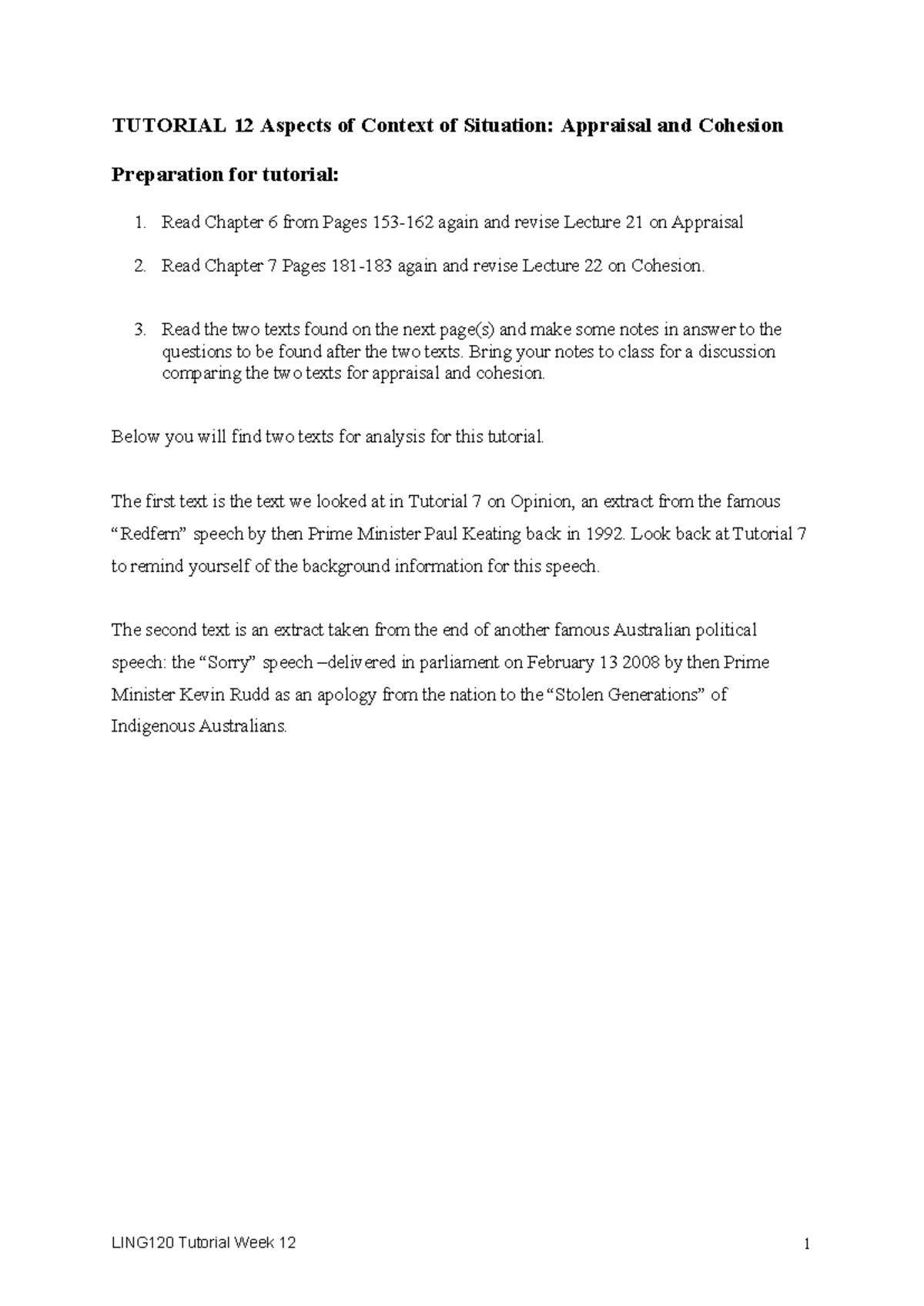 Tutorial 12 partial key - LING120 Tutorial Week 12 TUTORIAL 12 Aspects of Context of Situation ...