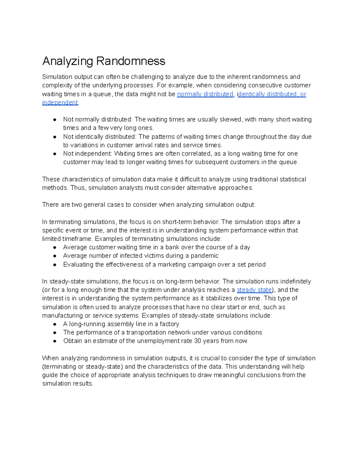 M1l9 Simulation Output Analysis Analyzing Randomness Simulation Output Can Often Be