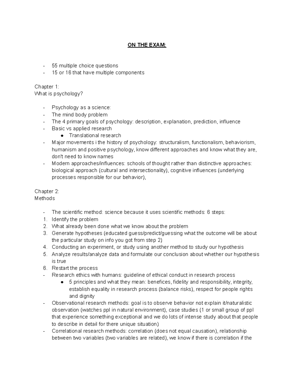 Psychology Exam notes - ON THE EXAM: 55 multiple choice questions 15 or ...