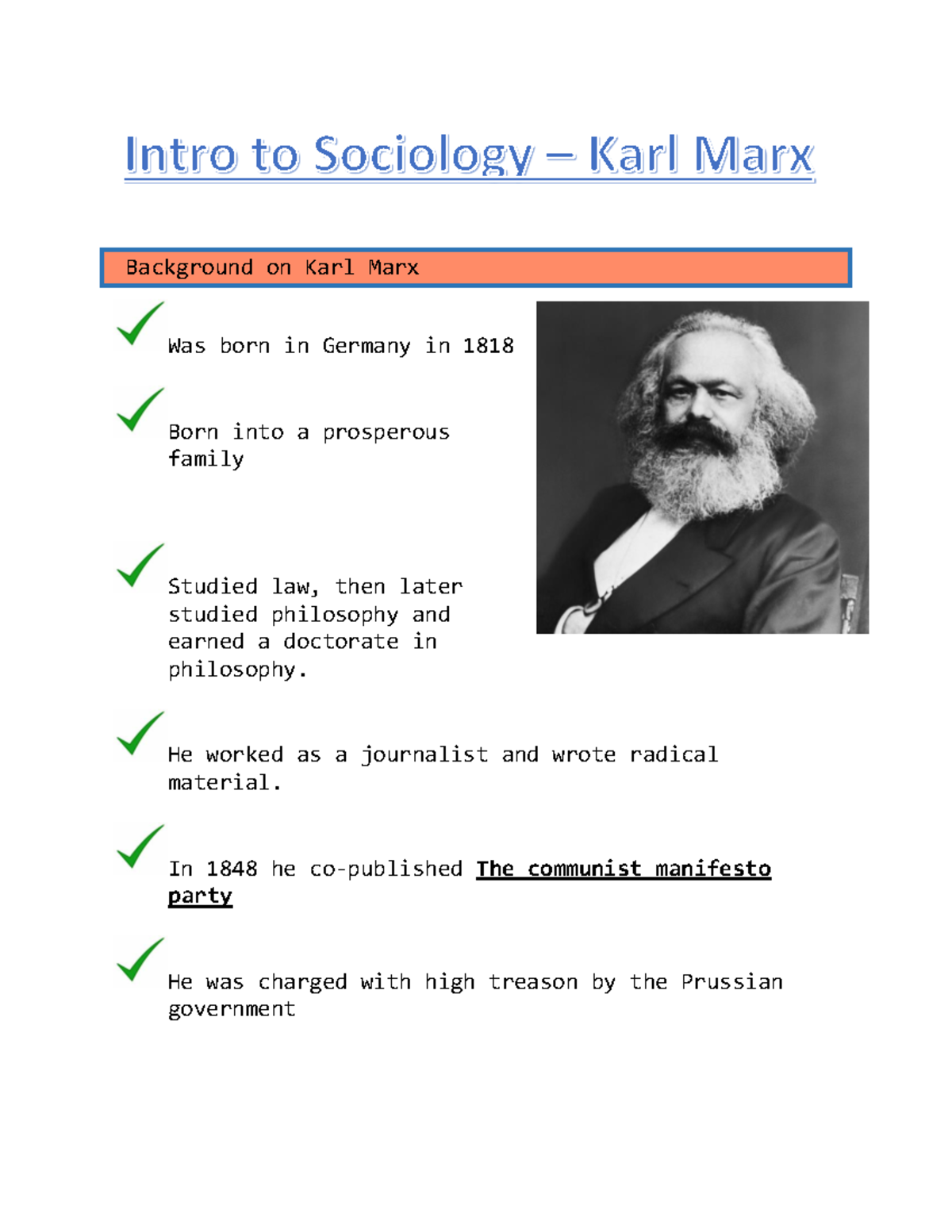 Introductory notes on Karl Marx - Background on Karl Marx Was born in ...