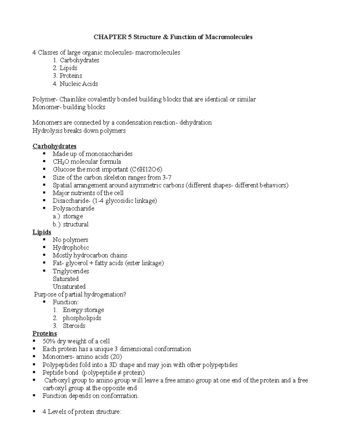 Chapter 5 - CHAPTER 5 Structure & Function of Macromolecules 4 Classes ...