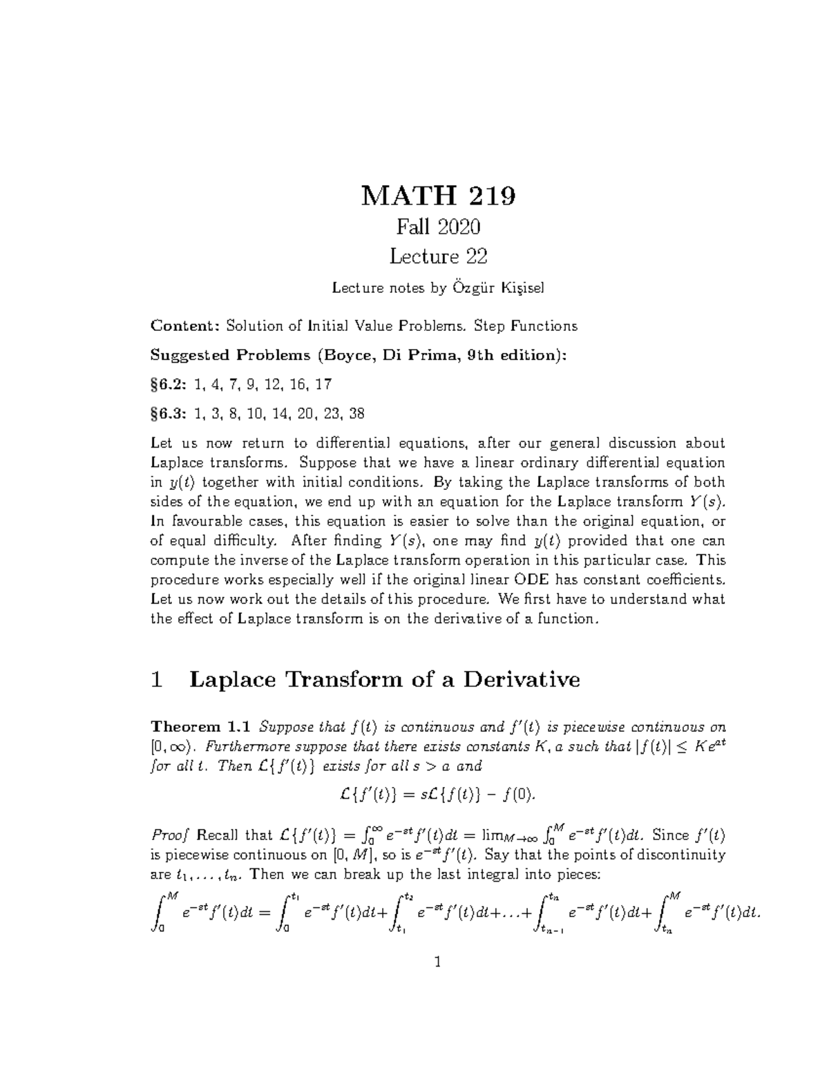 MATH219 Lecture 22 - MATH 219 Fall 2020 Lecture 22 Lecture notes by ̈ ...