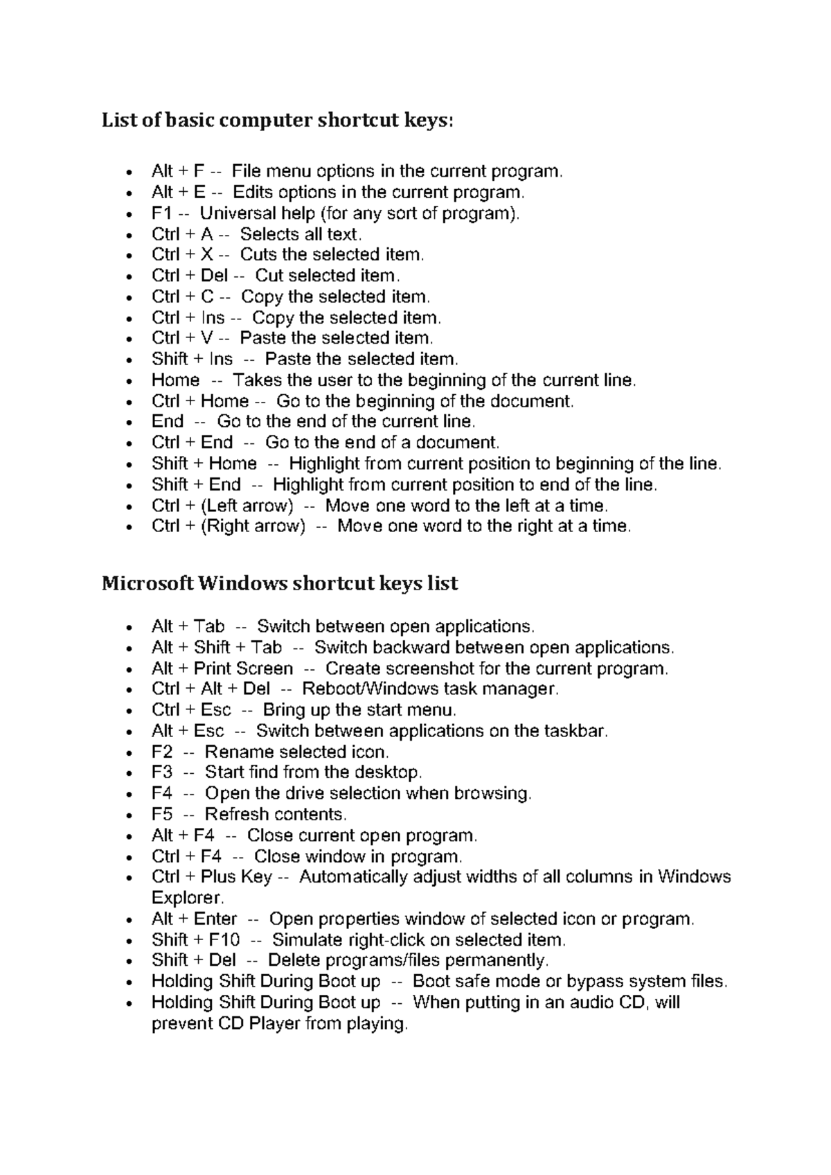 List of basic computer shortcut keys - • Alt + E - Edits options in the ...