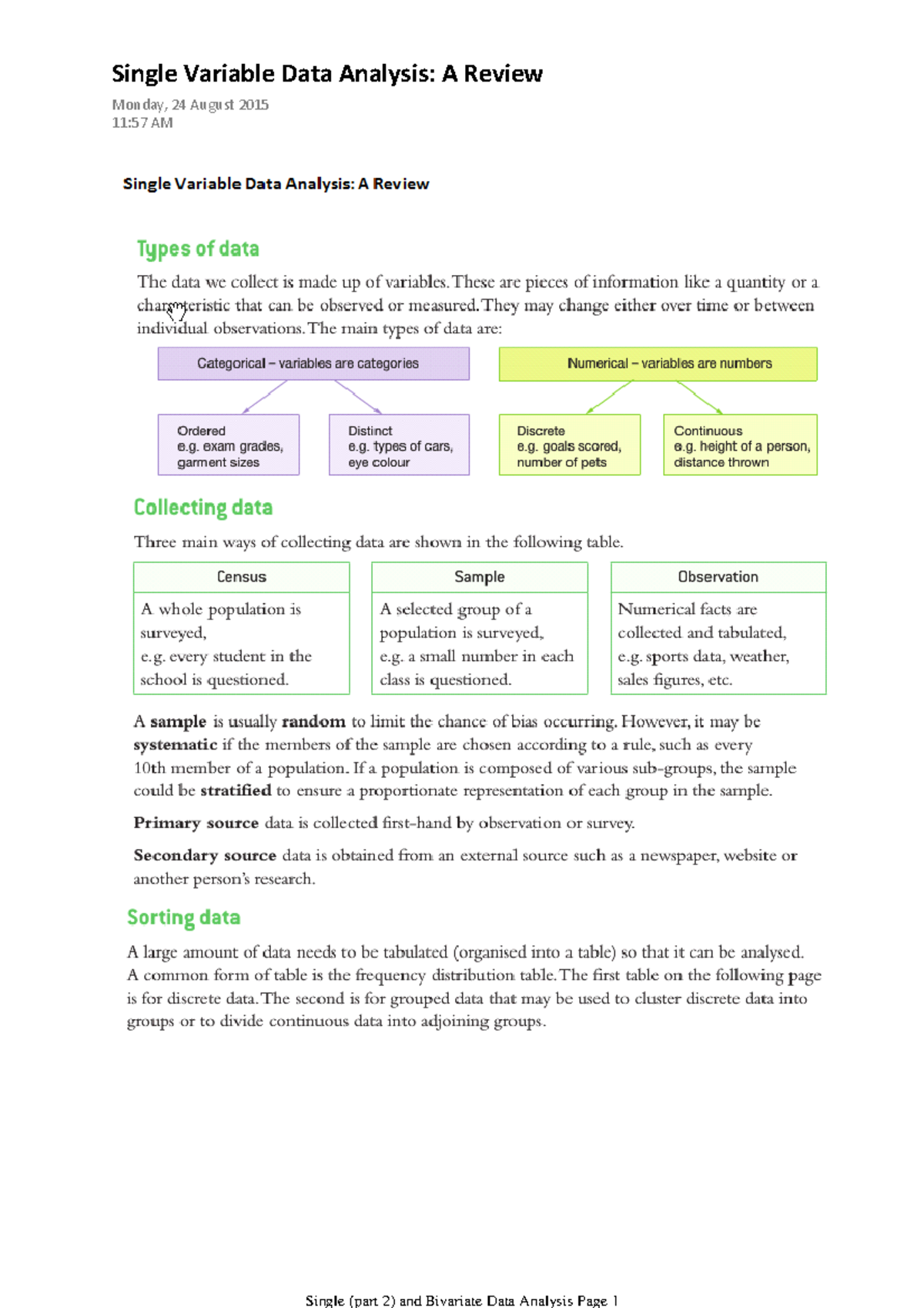 Single (part 2) and Bivariate Data Analysis - Single Variable Data Analysis: A Review Monday, 24 ...