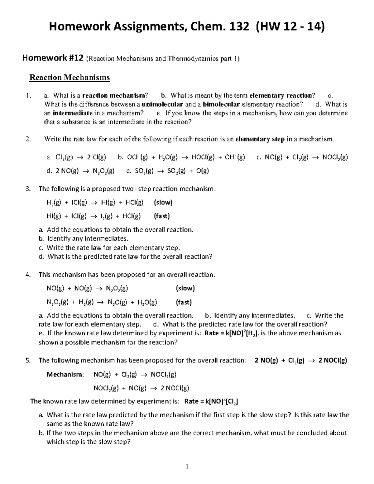Homework Assignments 12 - 14 - Homework Assignments, Chem. 132 (HW 12 - 14) Homework #12 ...