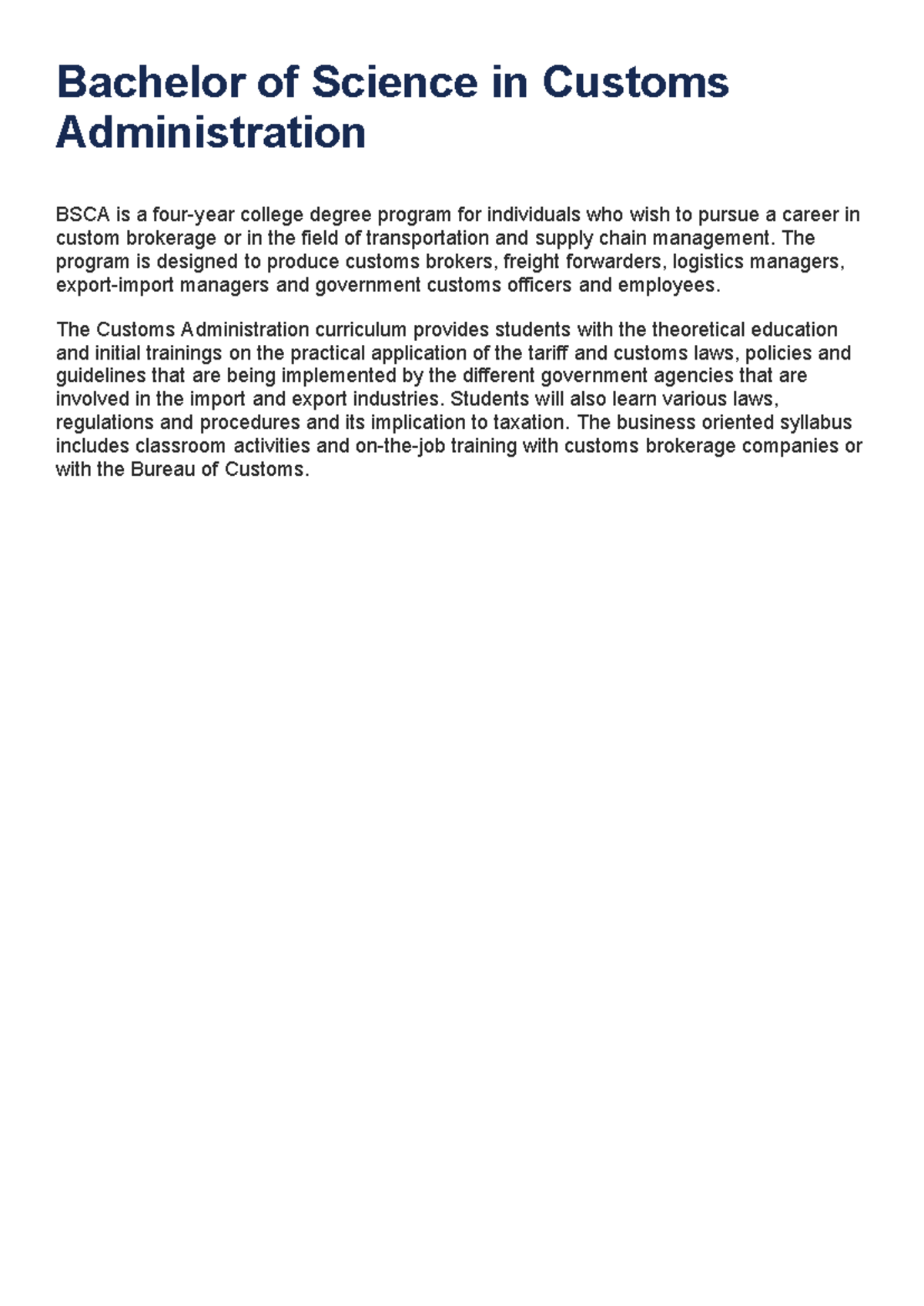 Bachelor of Science in Customs Administratio 1 - Bachelor of Science in ...