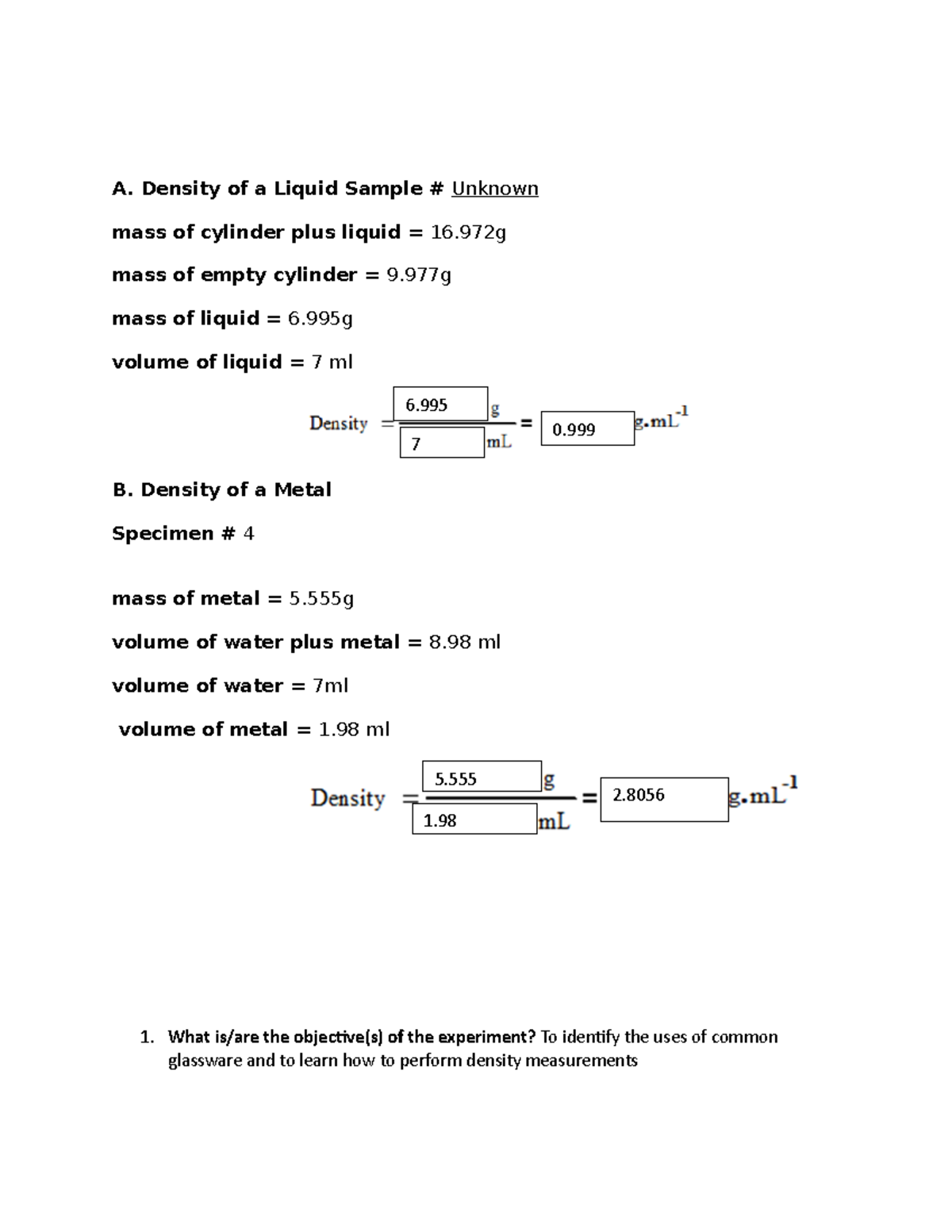 post lab report - A. Density of a Liquid Sample # Unknown mass of ...