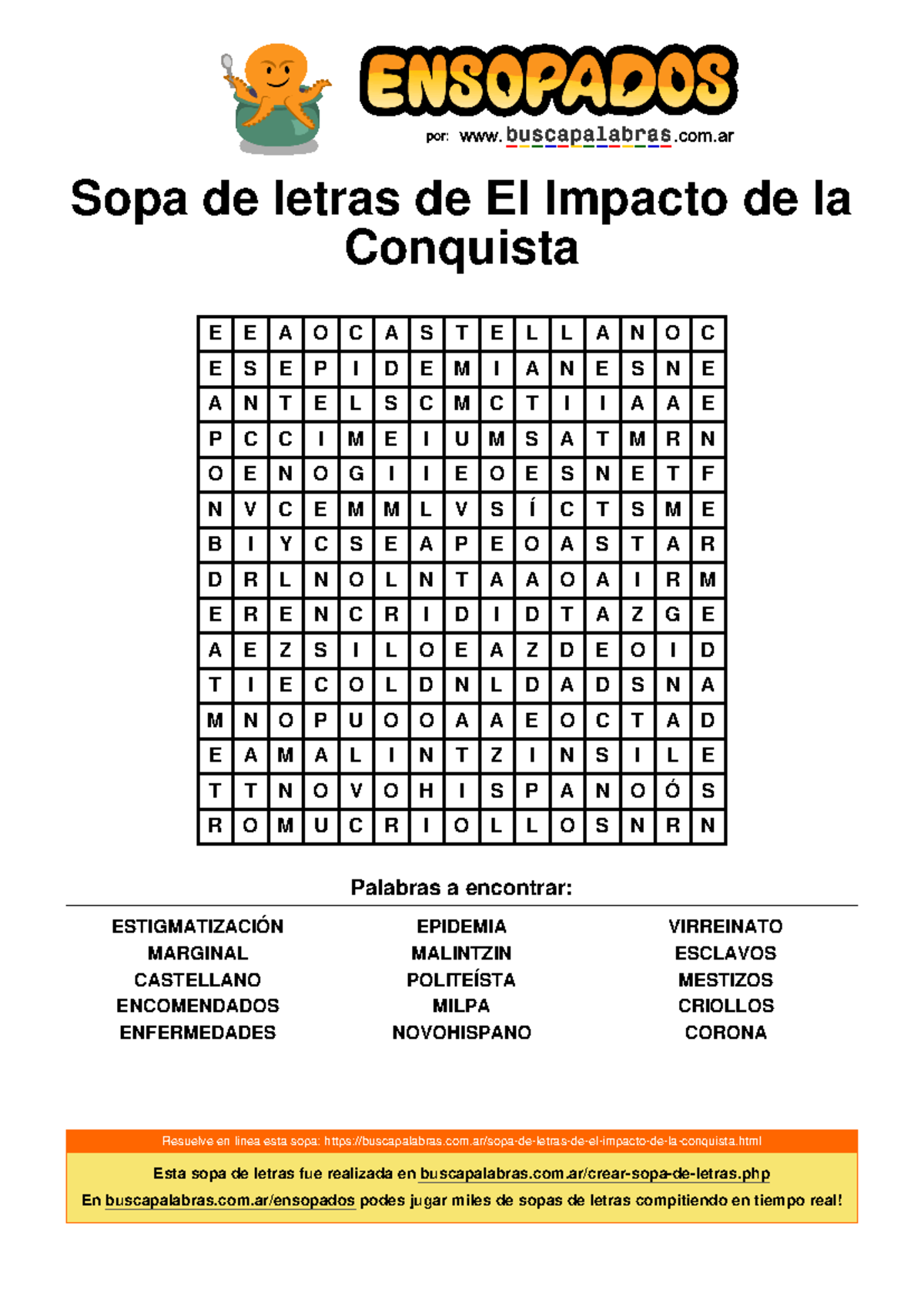Sopa de letras de el impacto de la conquista - Sopa de letras de El ...