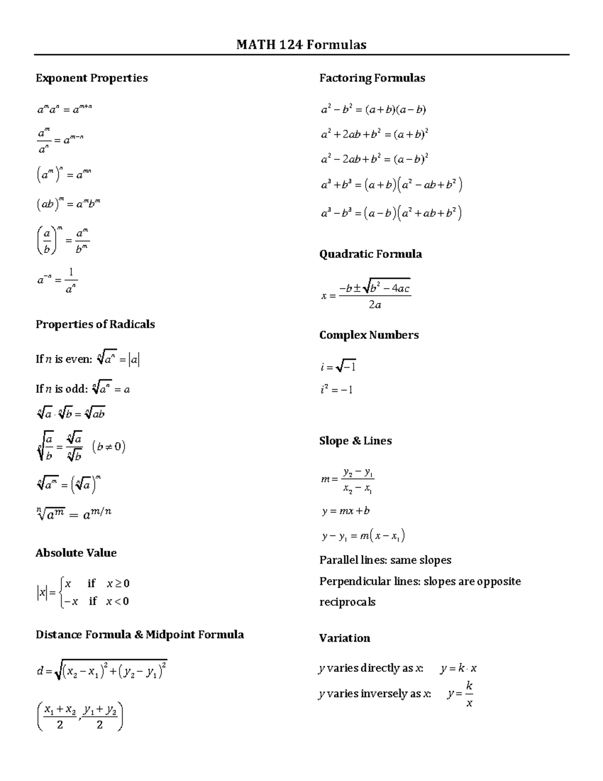 Formula Sheet Spring 2022 - MATH 124 Formulas Exponent Properties m n m ...