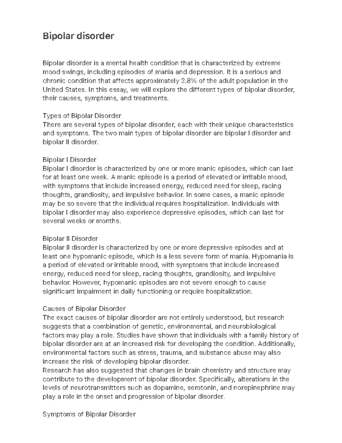 Bipolar disorder - NOTES - Bipolar disorder Bipolar disorder is a ...