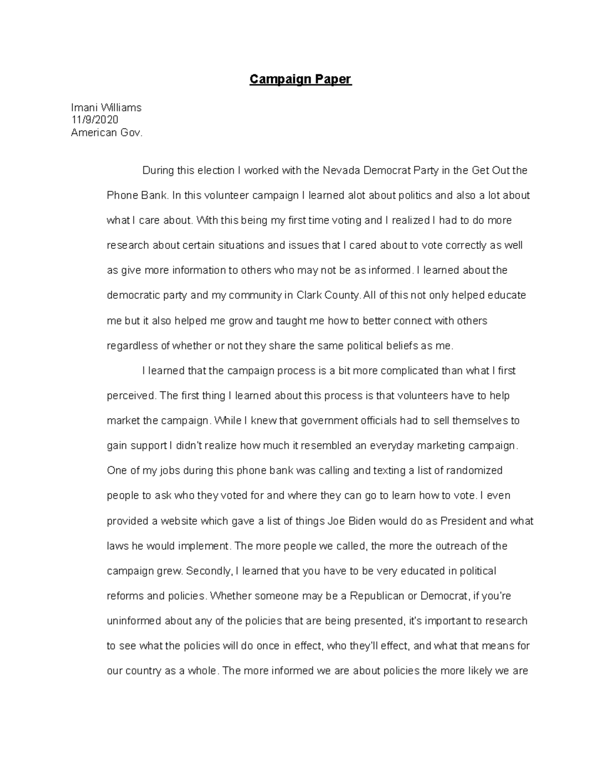 Campaign Paper - Campaign Paper Imani Williams 11/9/ American Gov ...