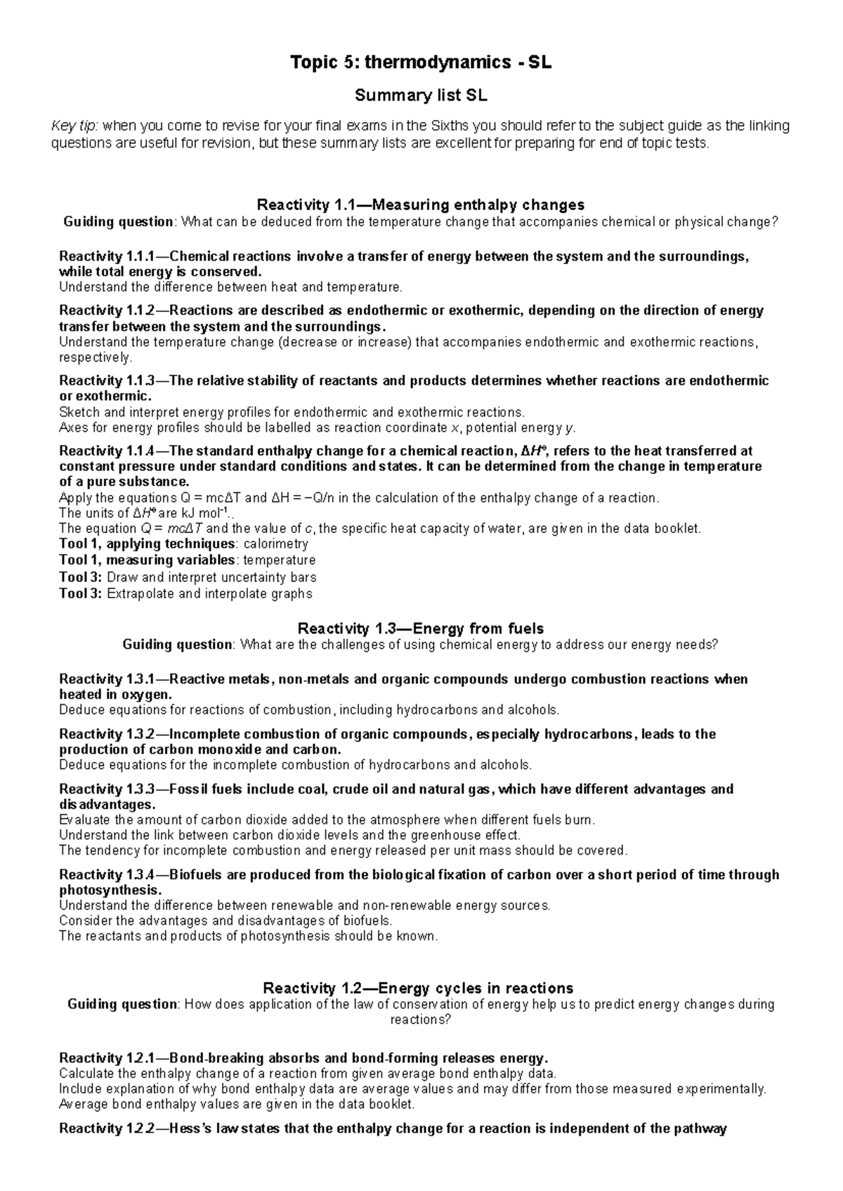Topic 5 - SL - IB notes - Topic 5: thermodynamics - SL Summary list SL ...