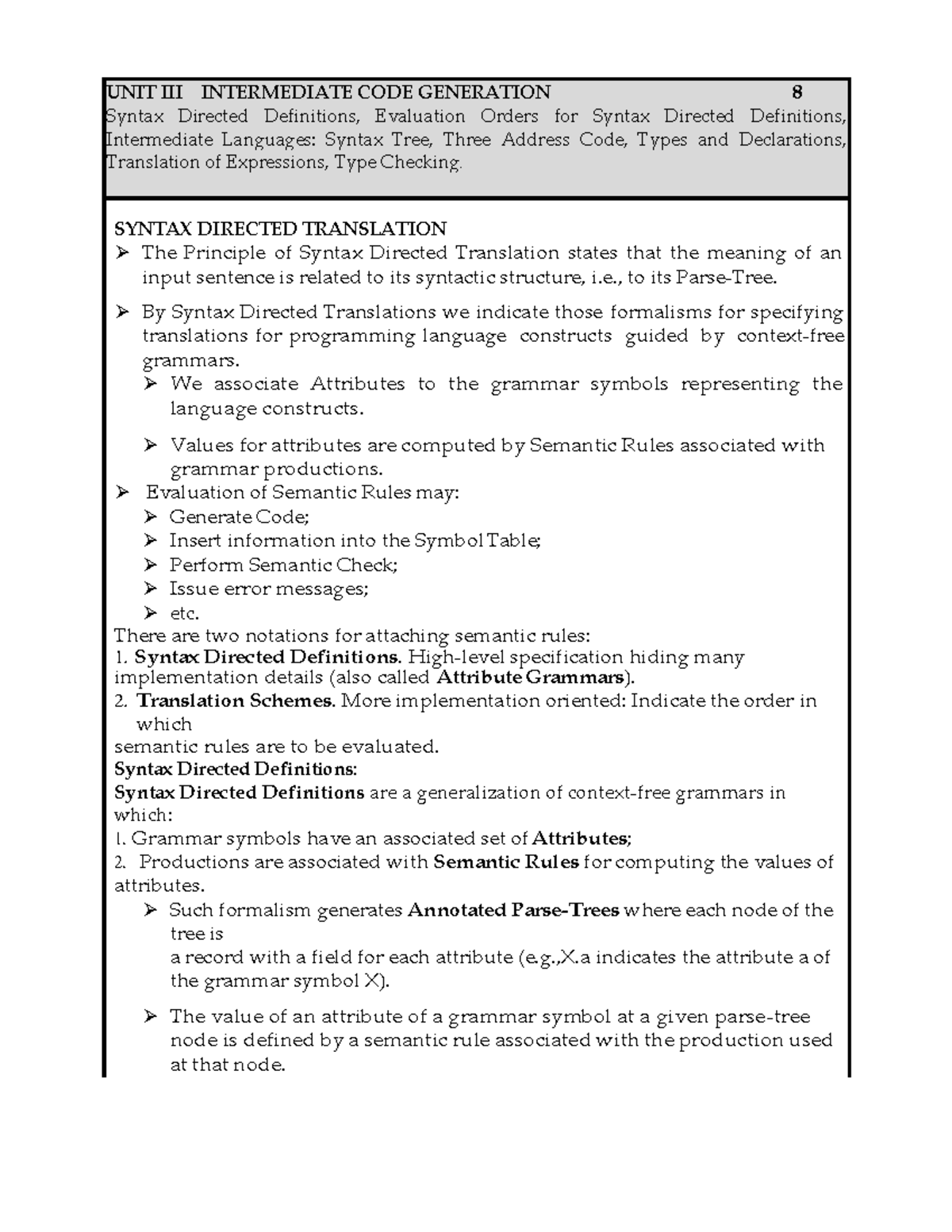 Cd3 - wede - UNIT III INTERMEDIATE CODE GENERATION 8 Syntax Directed ...