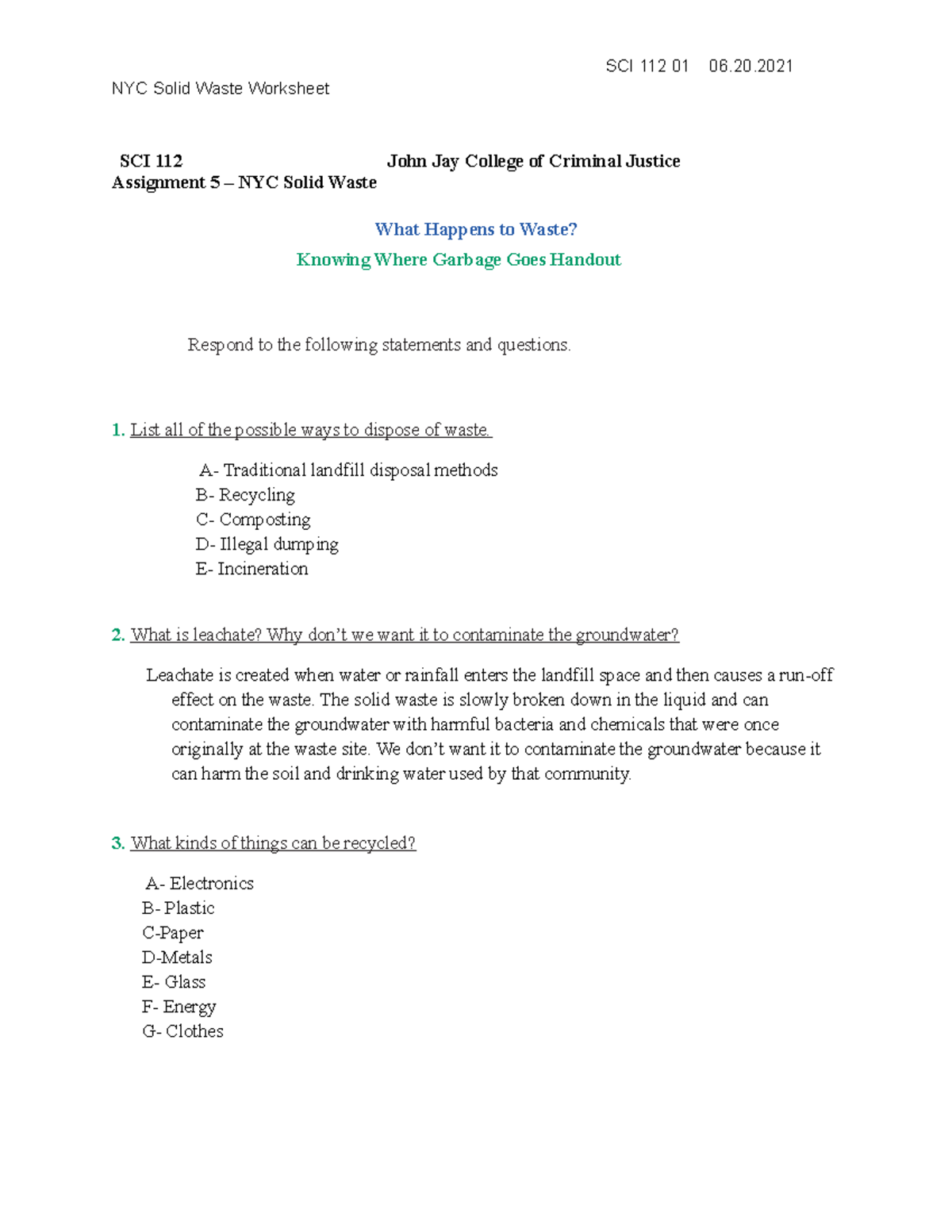 Assignment 5 [ SCI 112 ] -NYC Solid Waste - SCI 112 01 06. NYC Solid ...