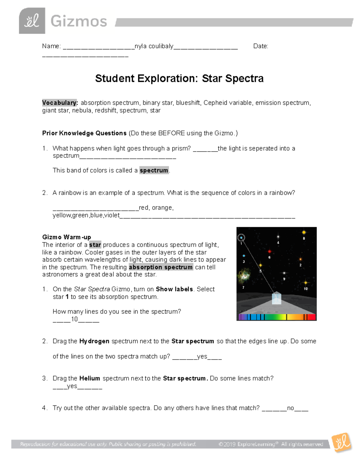 Star Spectra SE - jbbmmn - Name: __nyla coulibaly Date: Student ...
