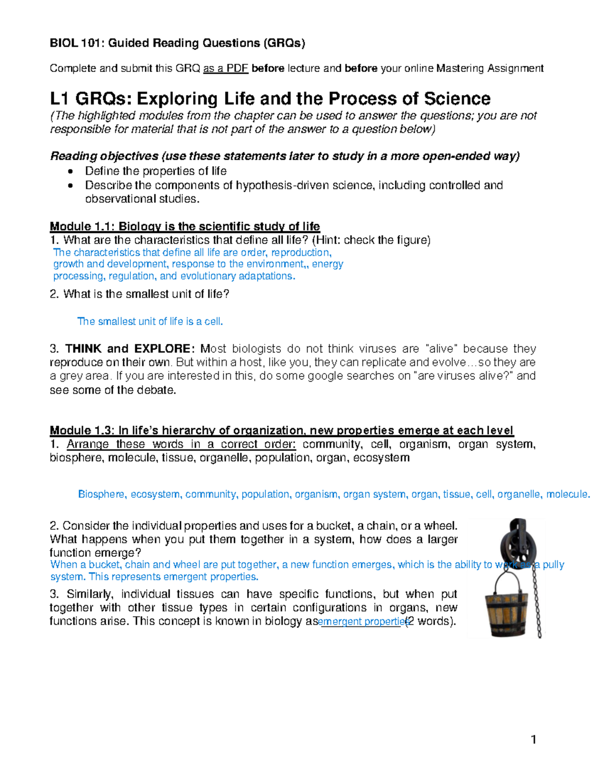 GRQ 1 - GRQ 1 - BIOL 101: Guided Reading Questions (GRQs) Complete and submit this GRQ as a PDF ...