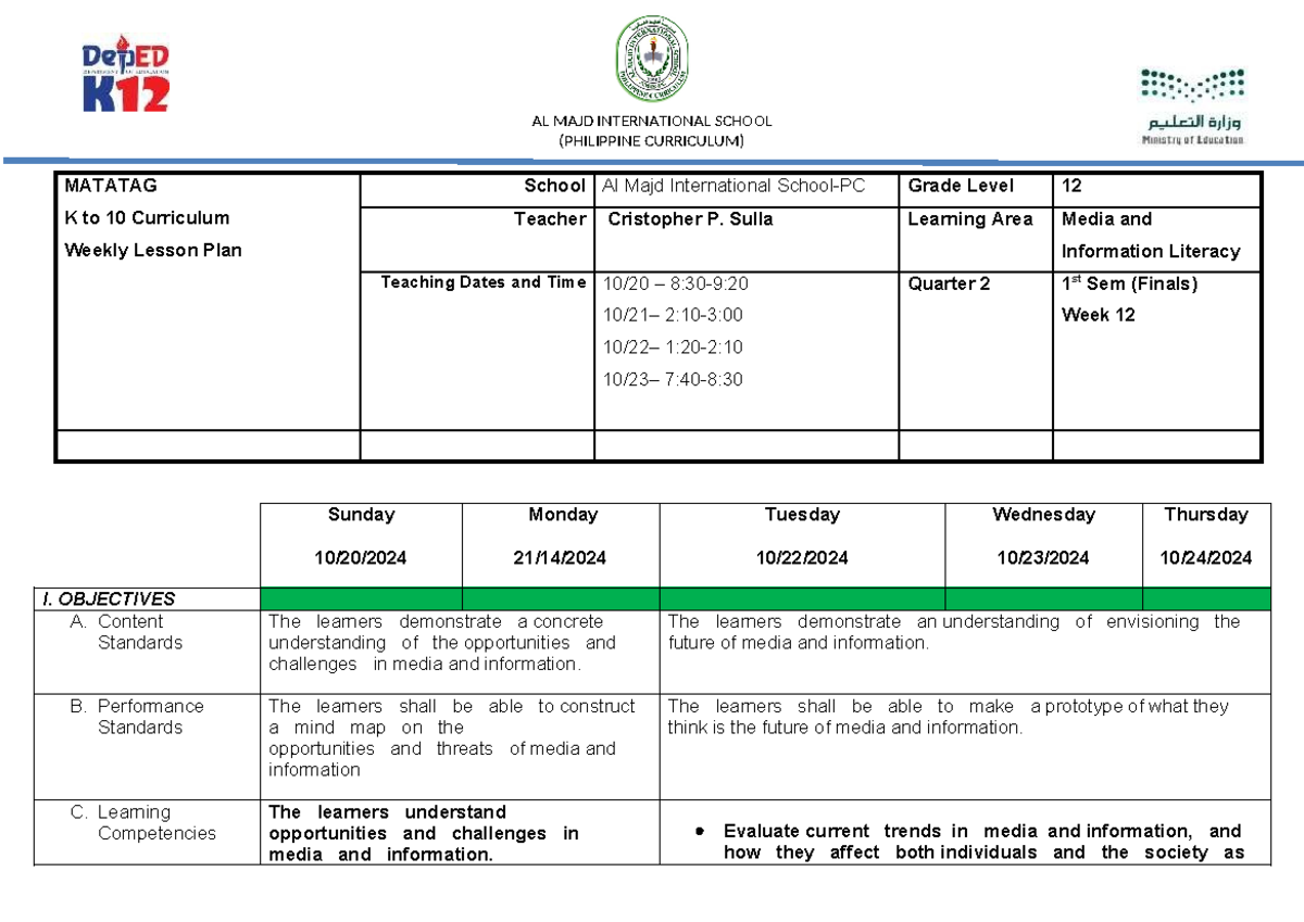 MIL - LP-Week 12 - SHS - (PHILIPPINE CURRICULUM) MATATAG K to 10 Curriculum Weekly Lesson Plan ...