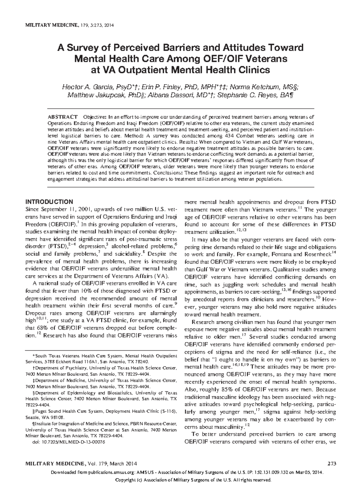 A survey of perceived barriers and attit - MILITARY MEDICINE, 179, 3: ...