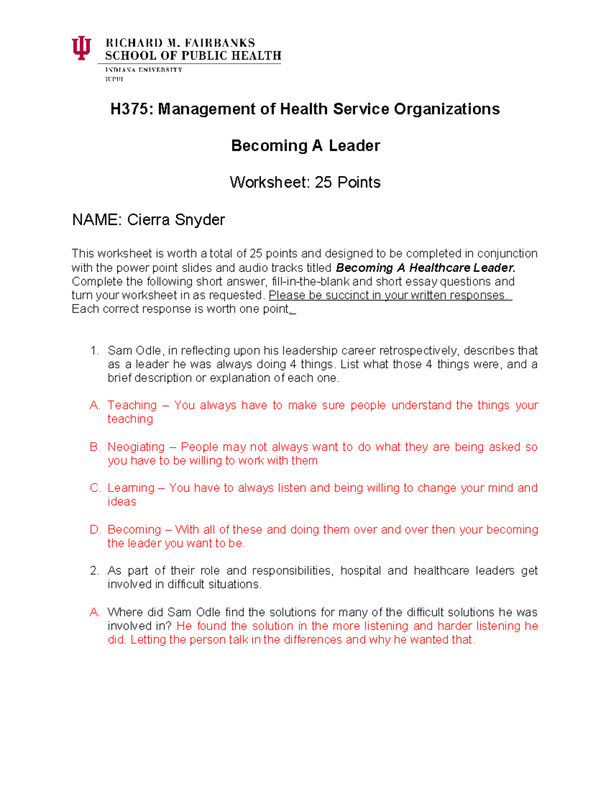 Becoming A Healthcare Leader Worksheet 1 - H375: Management of Health ...
